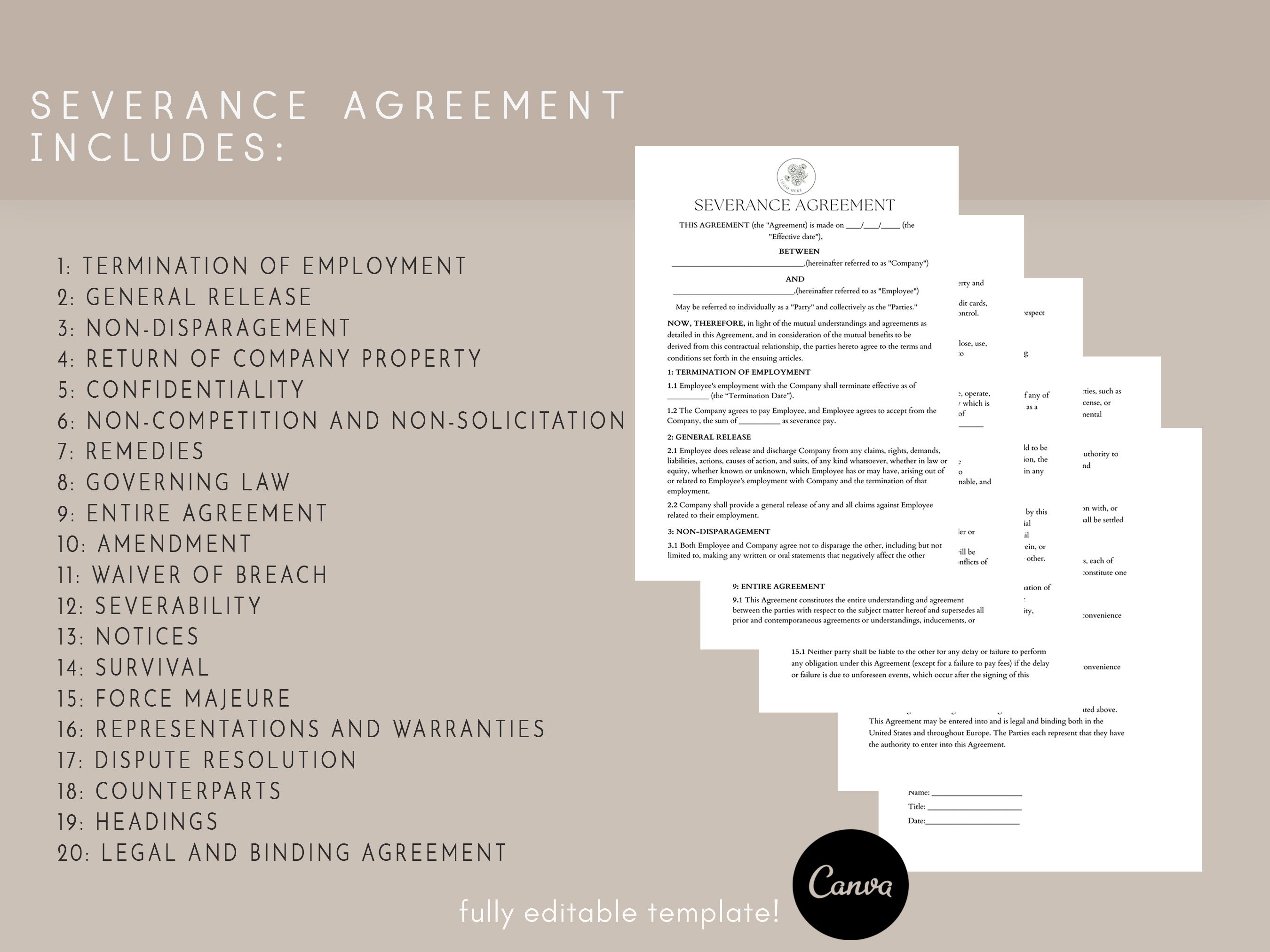 Severance Agreement, Editable Severance Contract, Separation Agreement ...