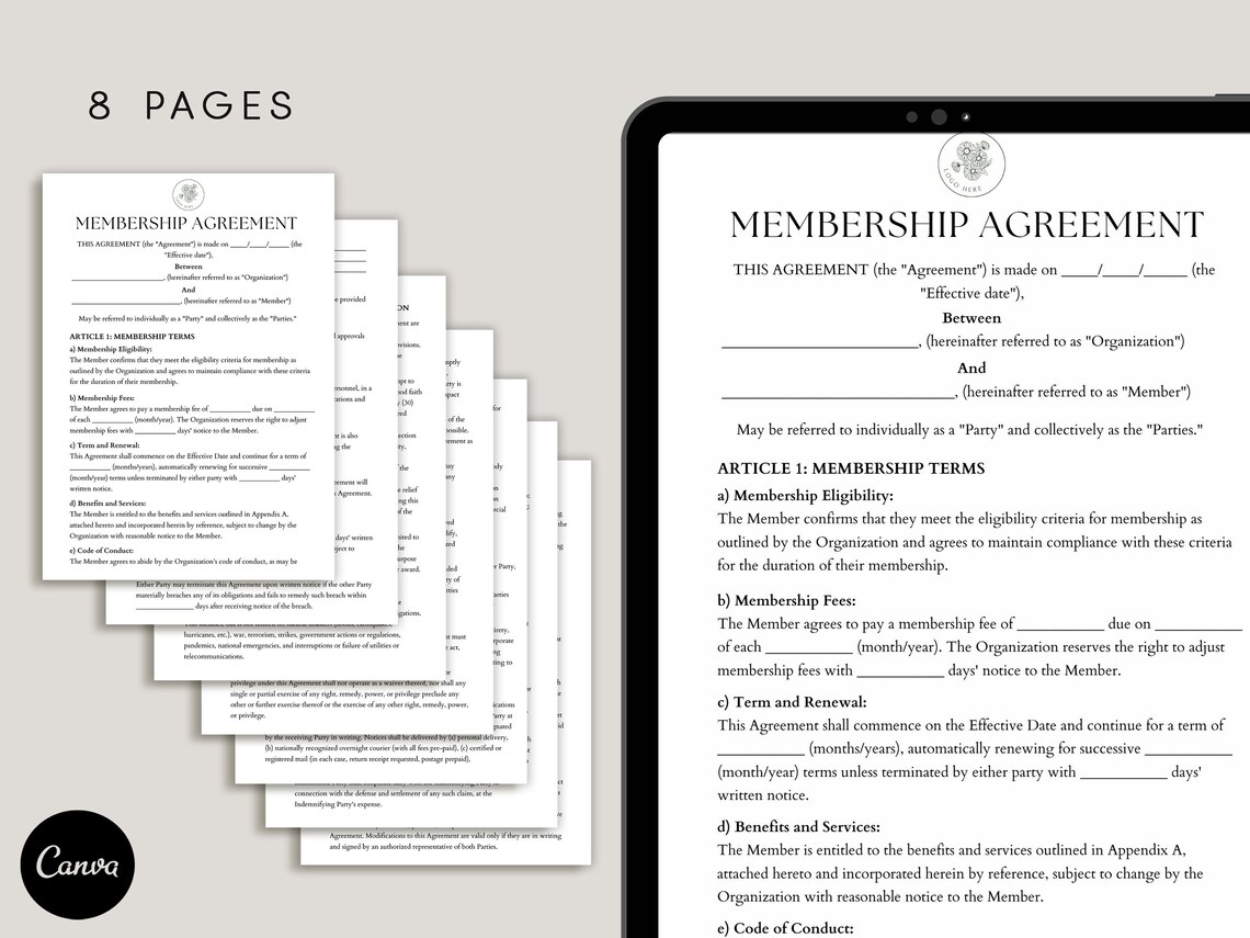 Membership Agreement Template, Membership Terms and Conditions Form ...