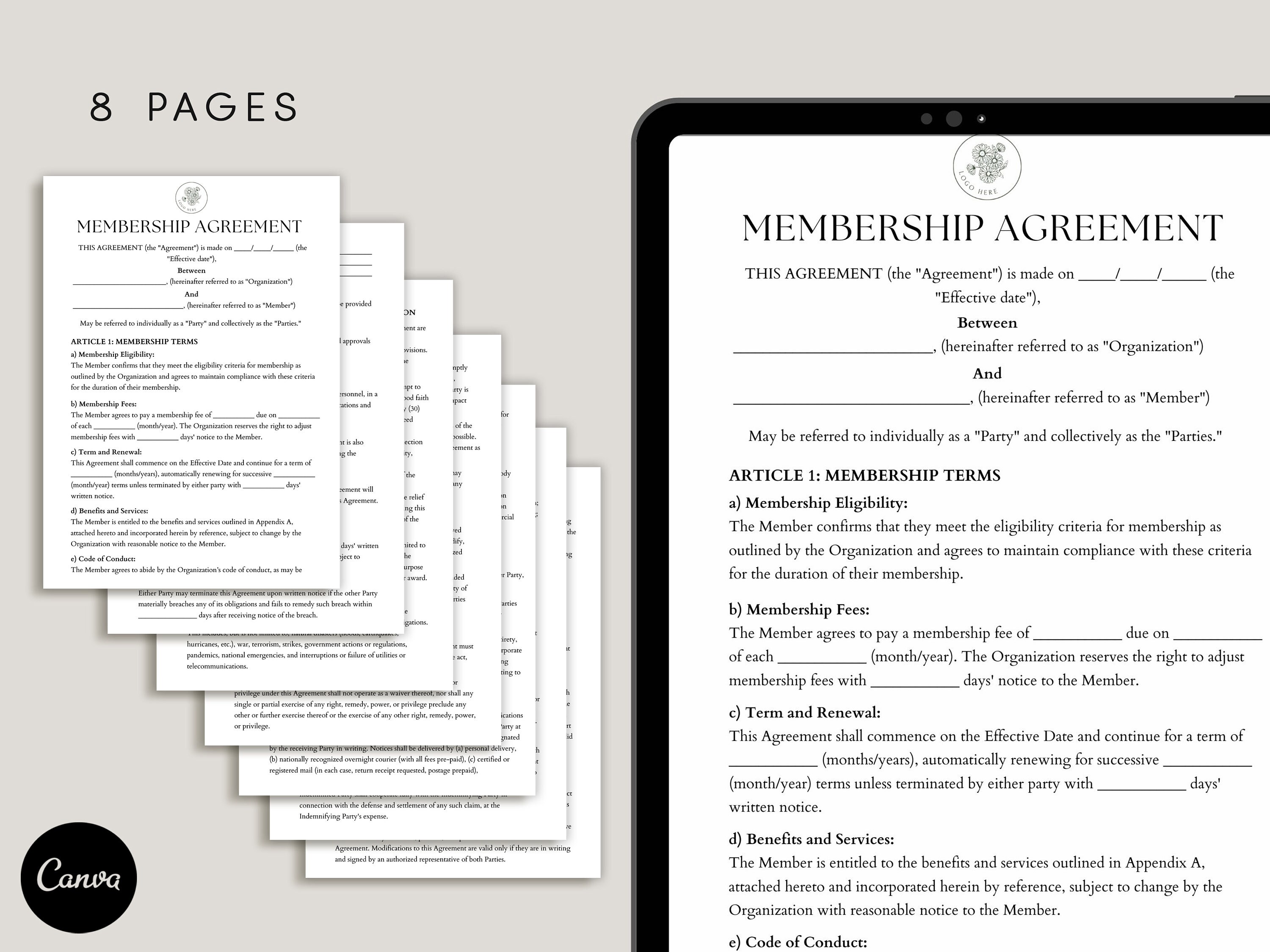 Membership Agreement Template, Membership Terms and Conditions Form ...
