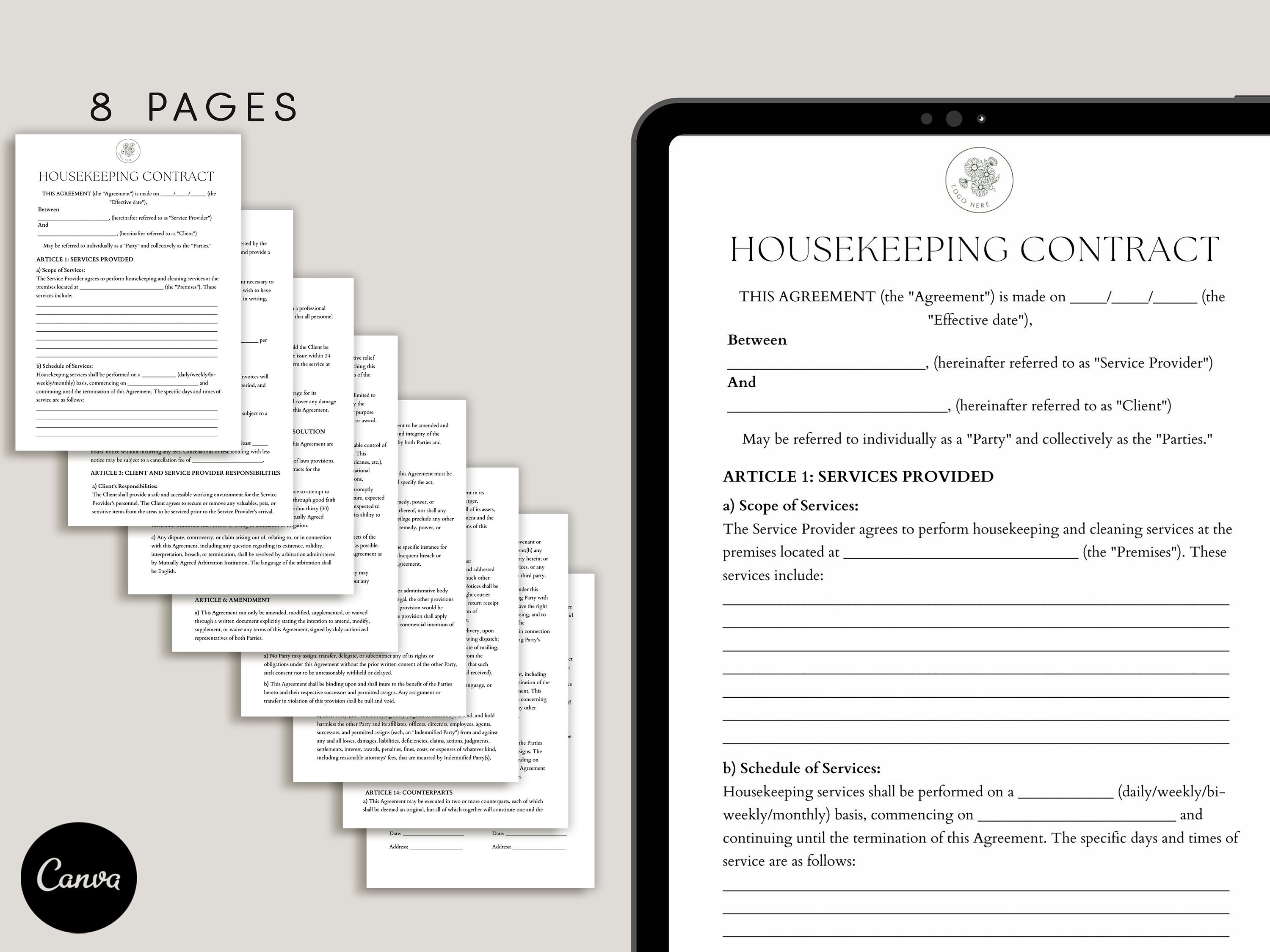 Housekeeping Contract Template, Housekeeping Services Agreement, Maid ...