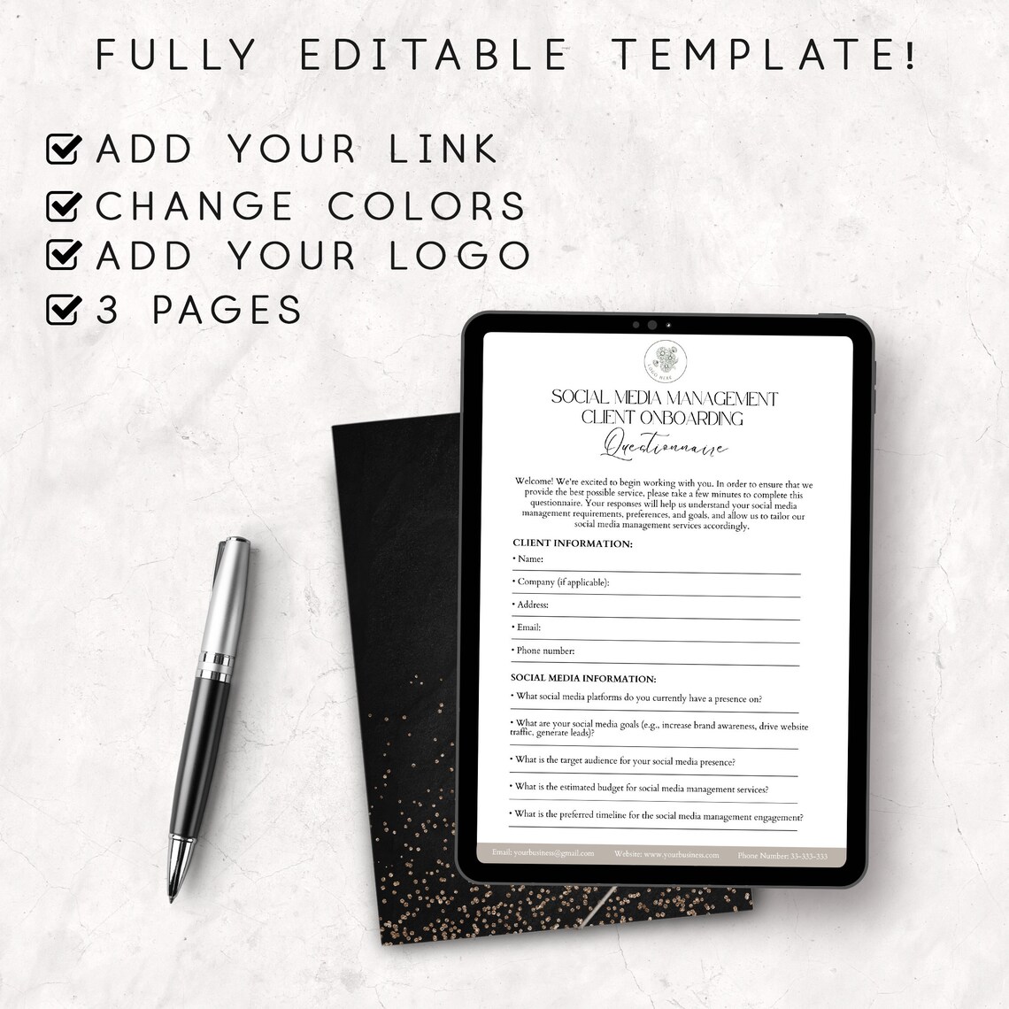 Social Media Management Client Onboarding Questionnaire Form, Editable ...