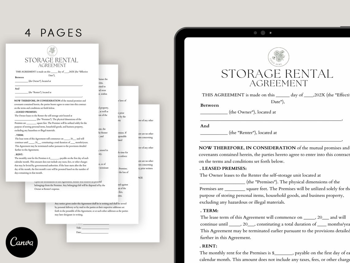 Editable Storage Rental Agreement, Storage Space Lease Contract ...