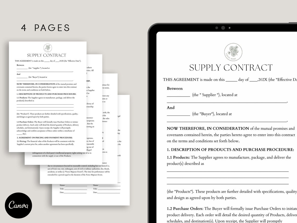 Supply Contract Template , Editable Supply Agreement Forms, Supplier ...