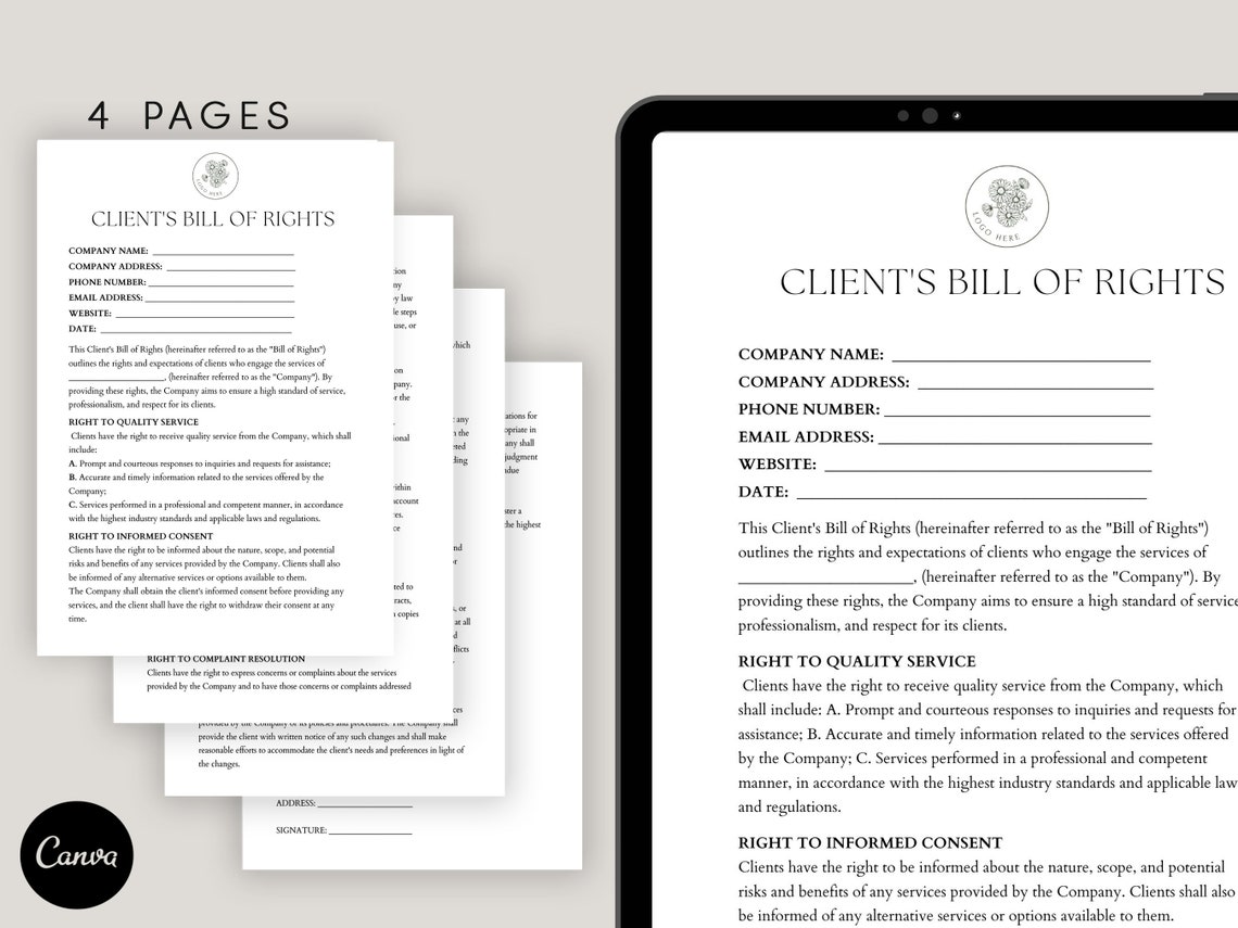 Editable Client's Bill of Rights Template Customer Bill - Etsy UK