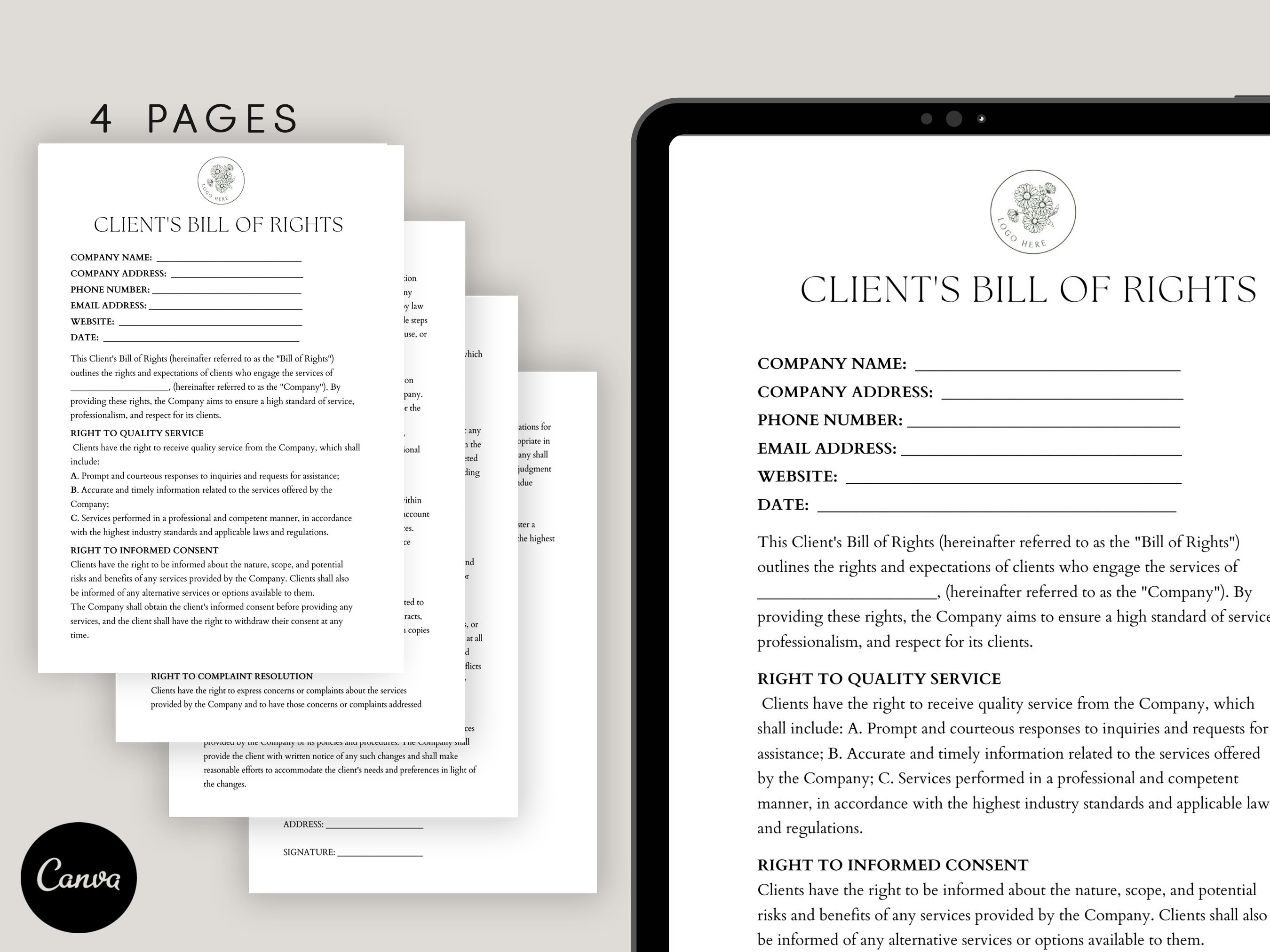 Editable Client's Bill of Rights Template, Customer Bill of Rights ...