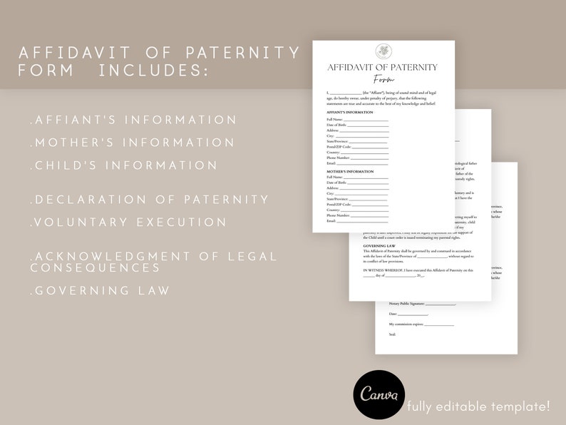 Editable Affidavit of Paternity Form, Customizable Affidavit, Template ...