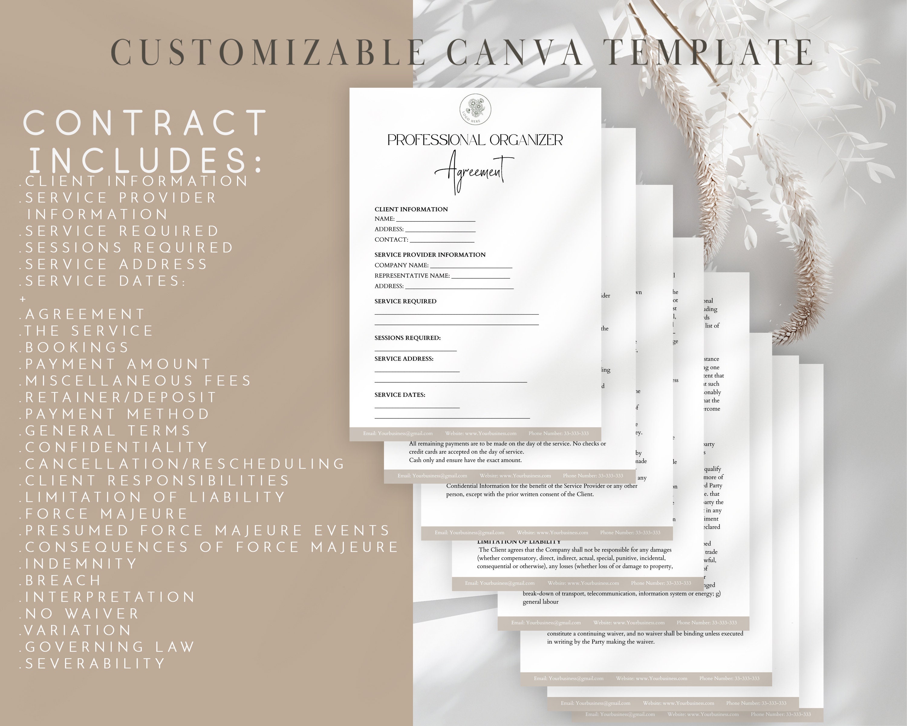 Editable Professional Organizer Agreement, Organizer Contract Template ...