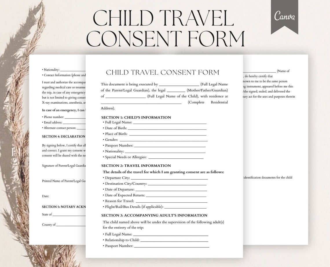 Editable Child Travel Consent Form, Minor Travel Consent Form, Child ...
