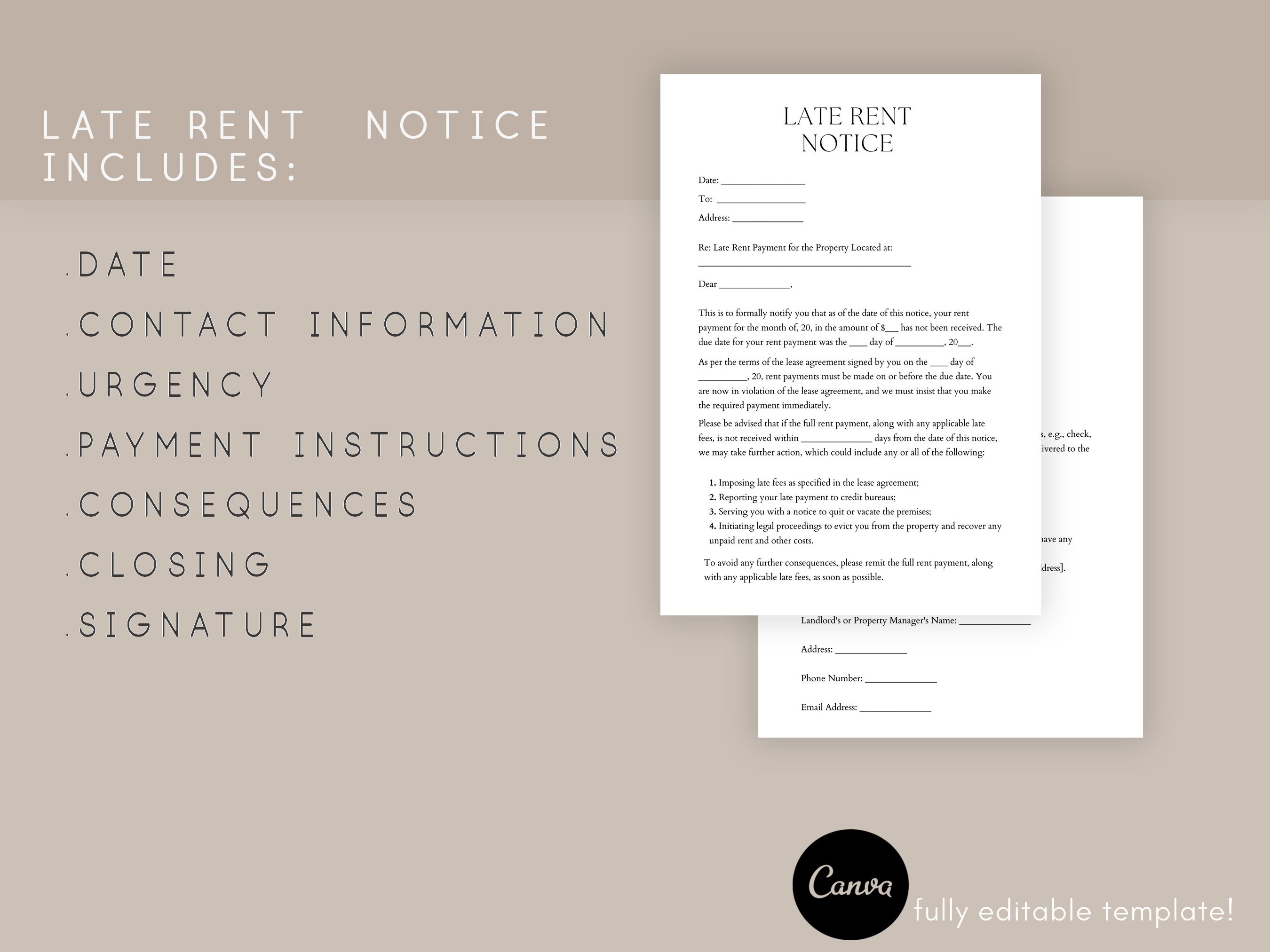 Late Rent Notice Template, Lease Eviction, Editable Late Rent Payment ...
