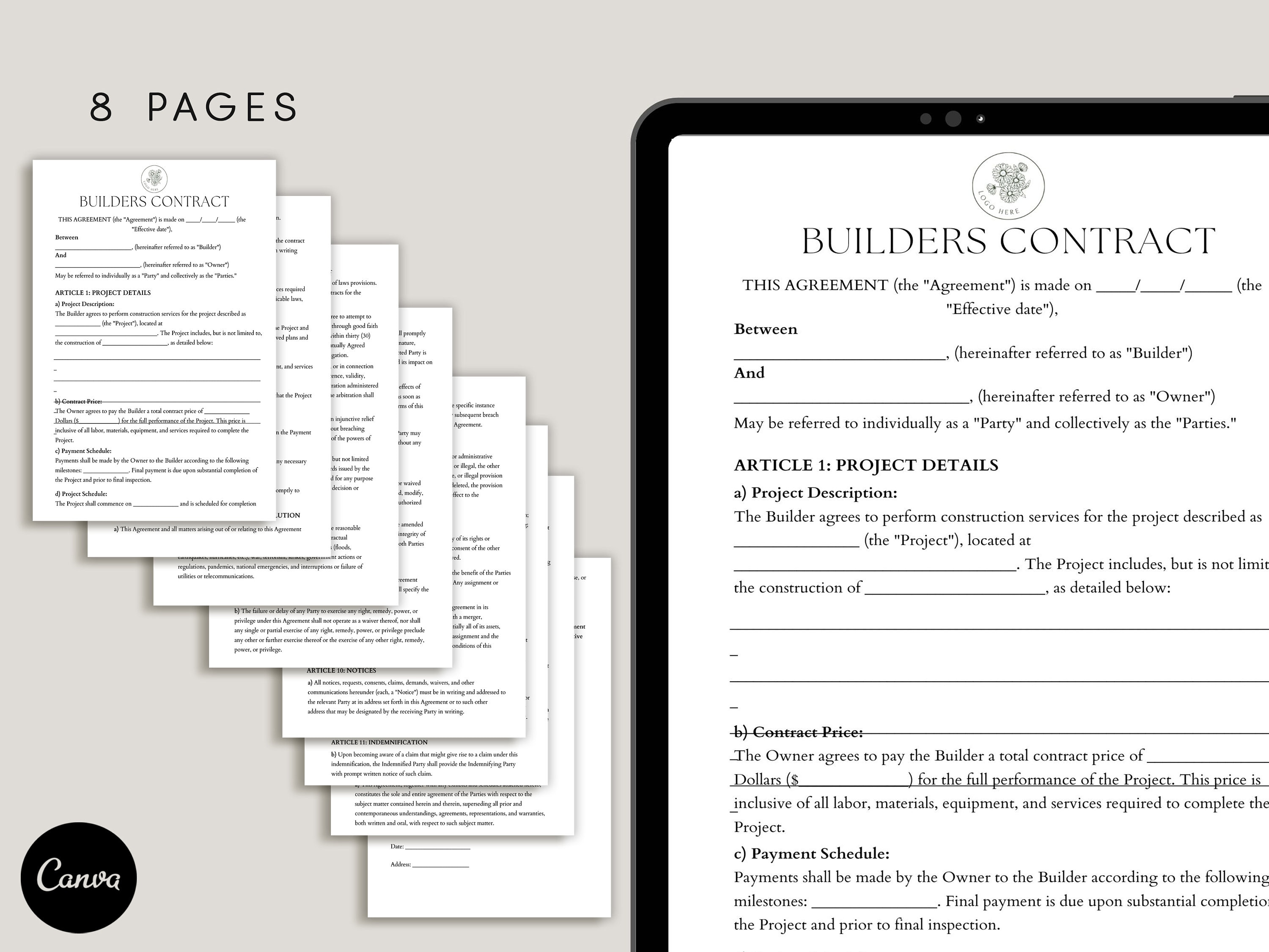 Builders Contract Template, Construction Agreement, Contractor ...