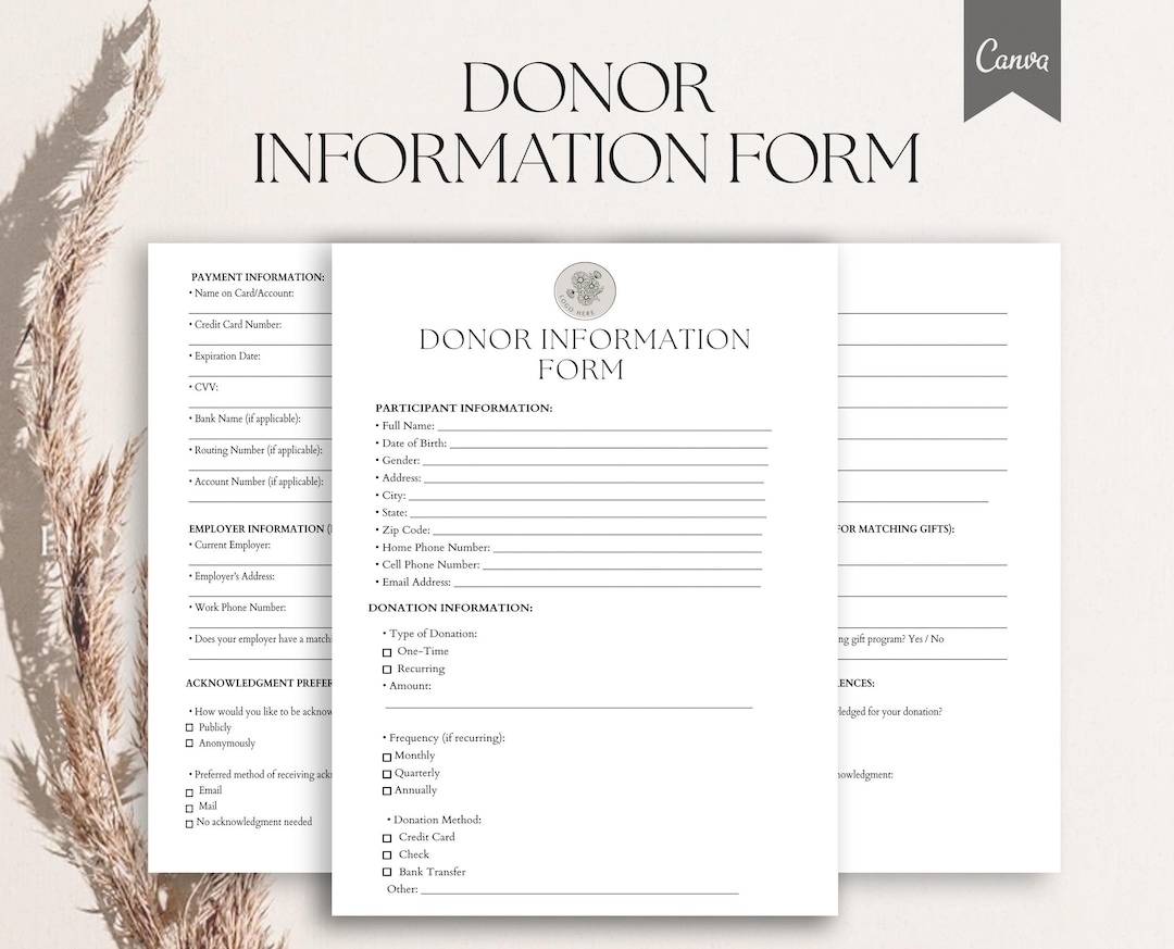 Donor Information Form Template, Pdf, Canva - Etsy
