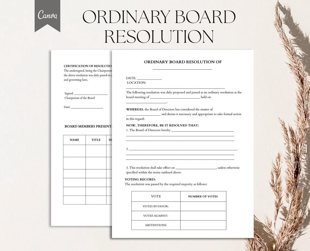 Ordinary Board Resolution Template, PDF, Canva - Etsy