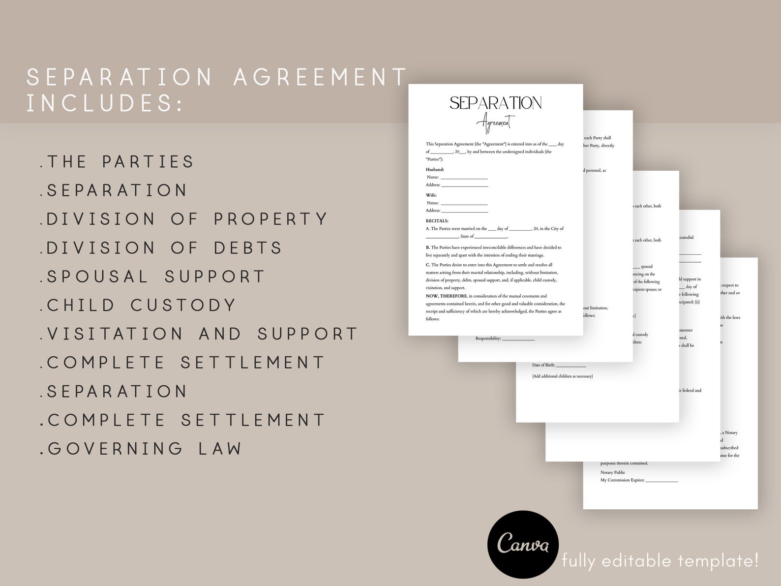Editable Separation Agreement Template, Divorce Settlement Agreement ...