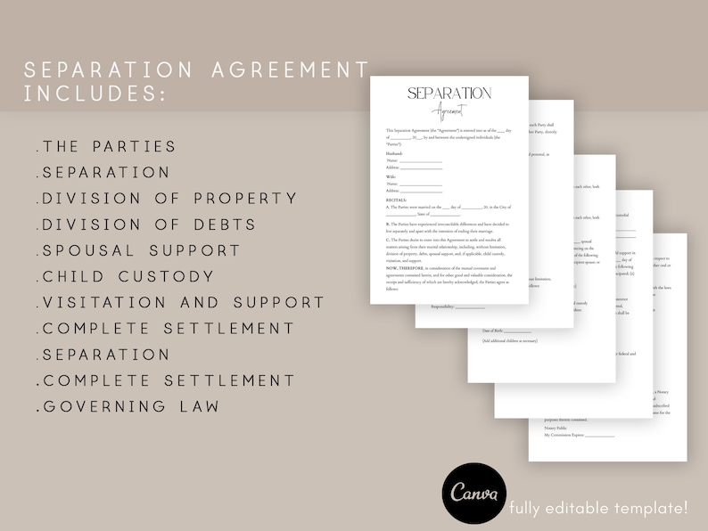 Editable Separation Agreement Template, Divorce Settlement Agreement ...
