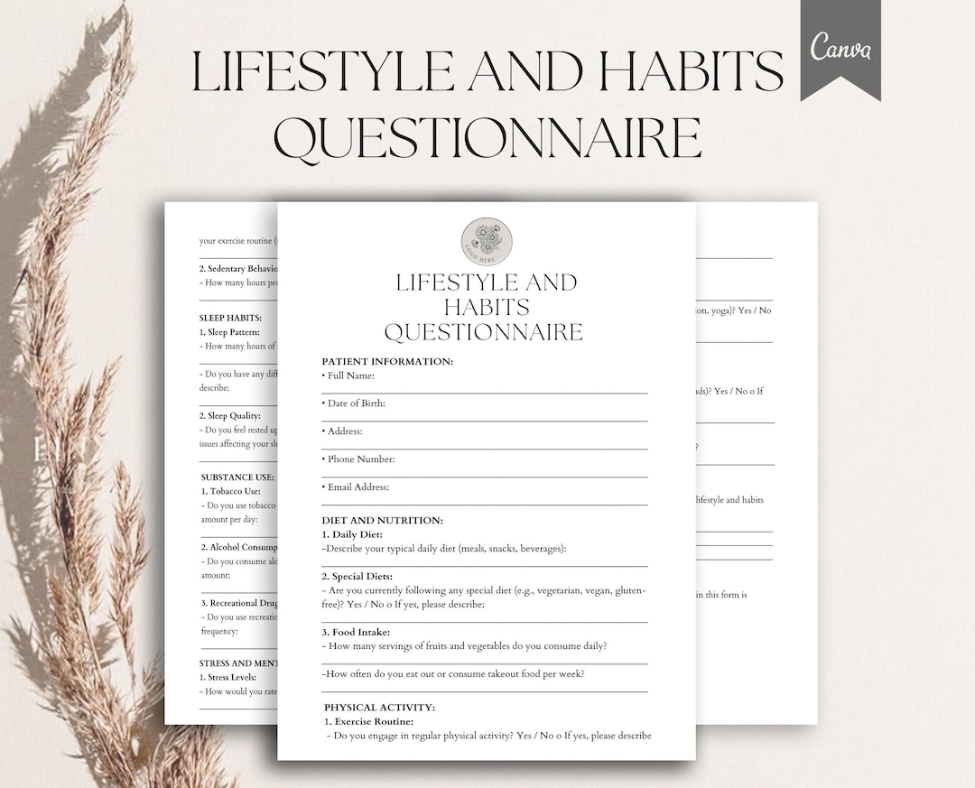 Lifestyle and Habits Questionnaire Template, Lifestyle Assessment ...
