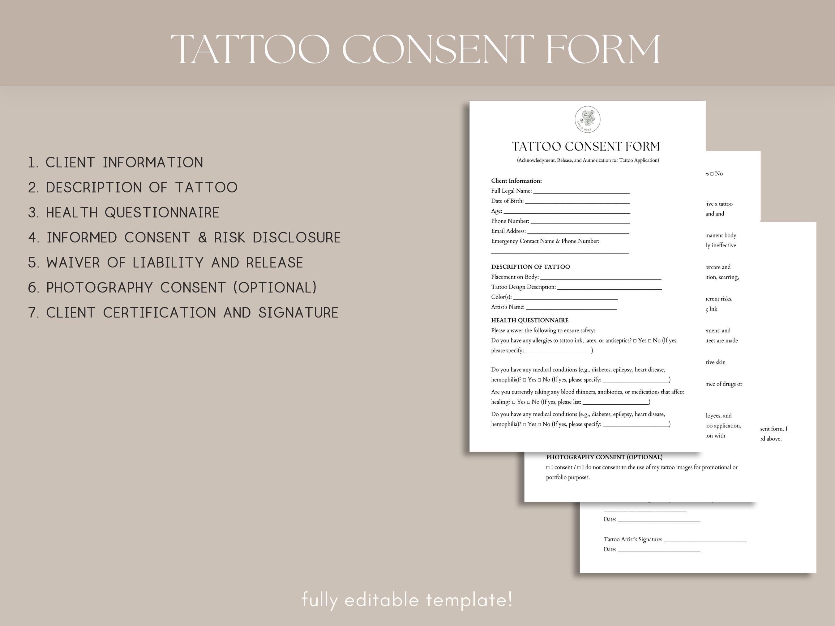 Tattoo Consent Form Template, Tattoo Release and Waiver Form ,PDF ...