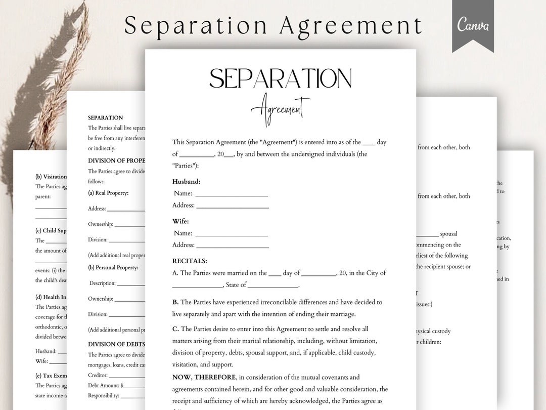 Editable Separation Agreement Template, Divorce Settlement Agreement ...