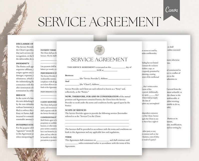 Bearbeitbare Servicevereinbarung, Servicebedingungen, Servicevertrag, Vorlage für professionelle ...