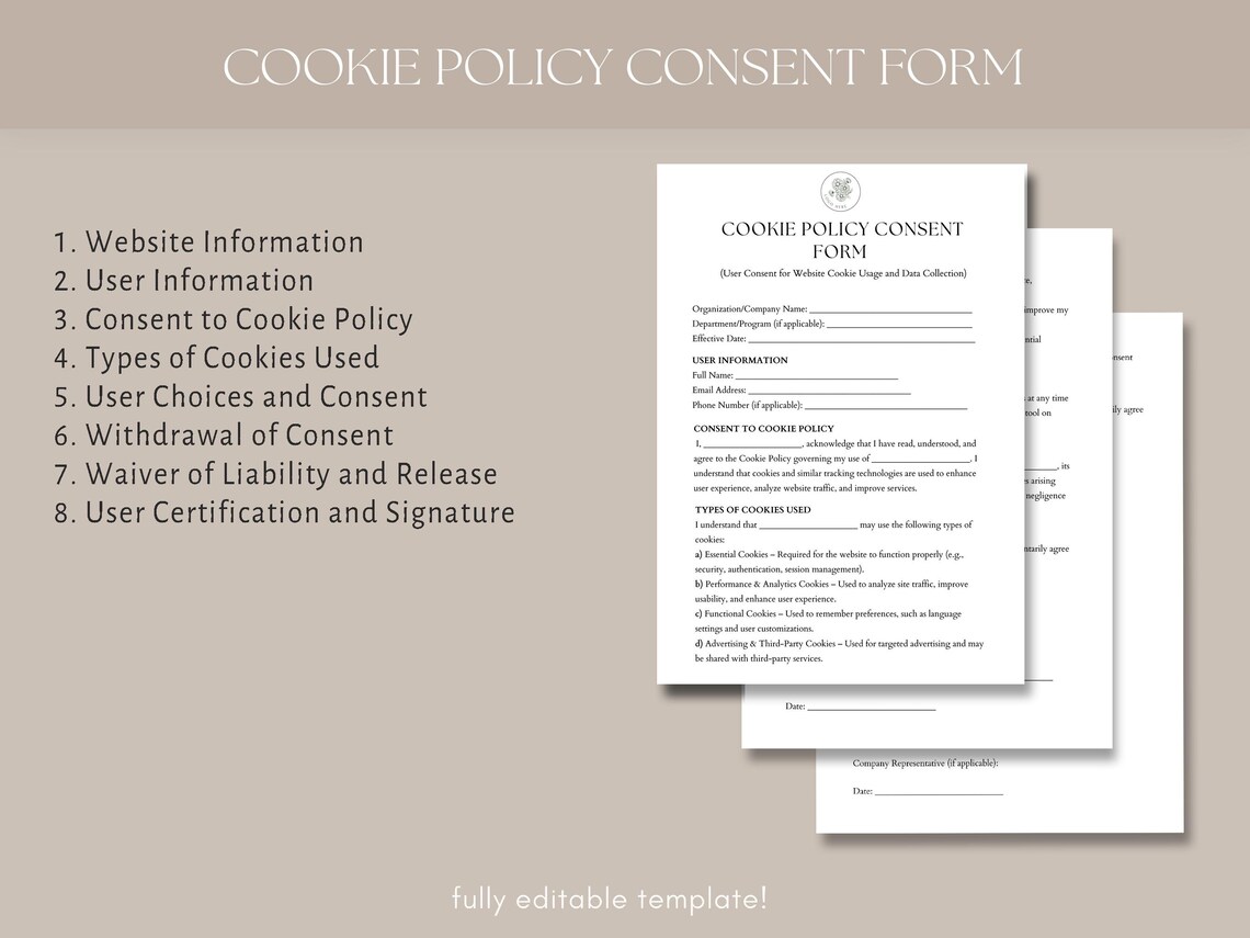 Cookie Policy Consent Form Template, Website Cookie Consent Form, PDF ...