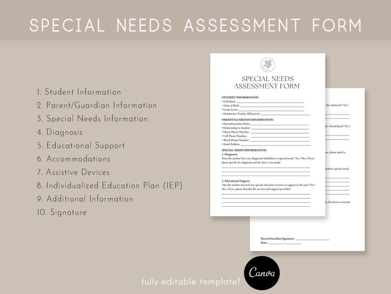 Special Needs Assessment Form Template, Pdf, Canva - Etsy