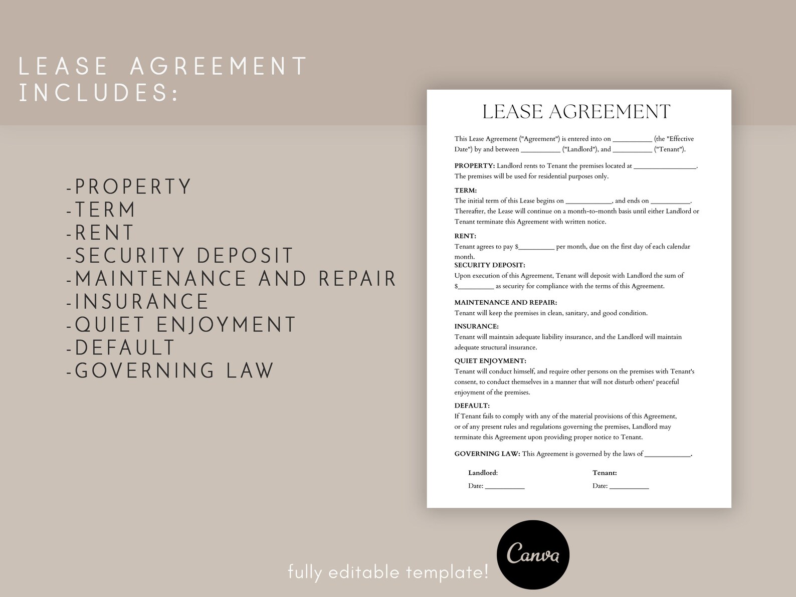 Editable One Page Lease Agreement, Rental Agreement, Simple One Page ...