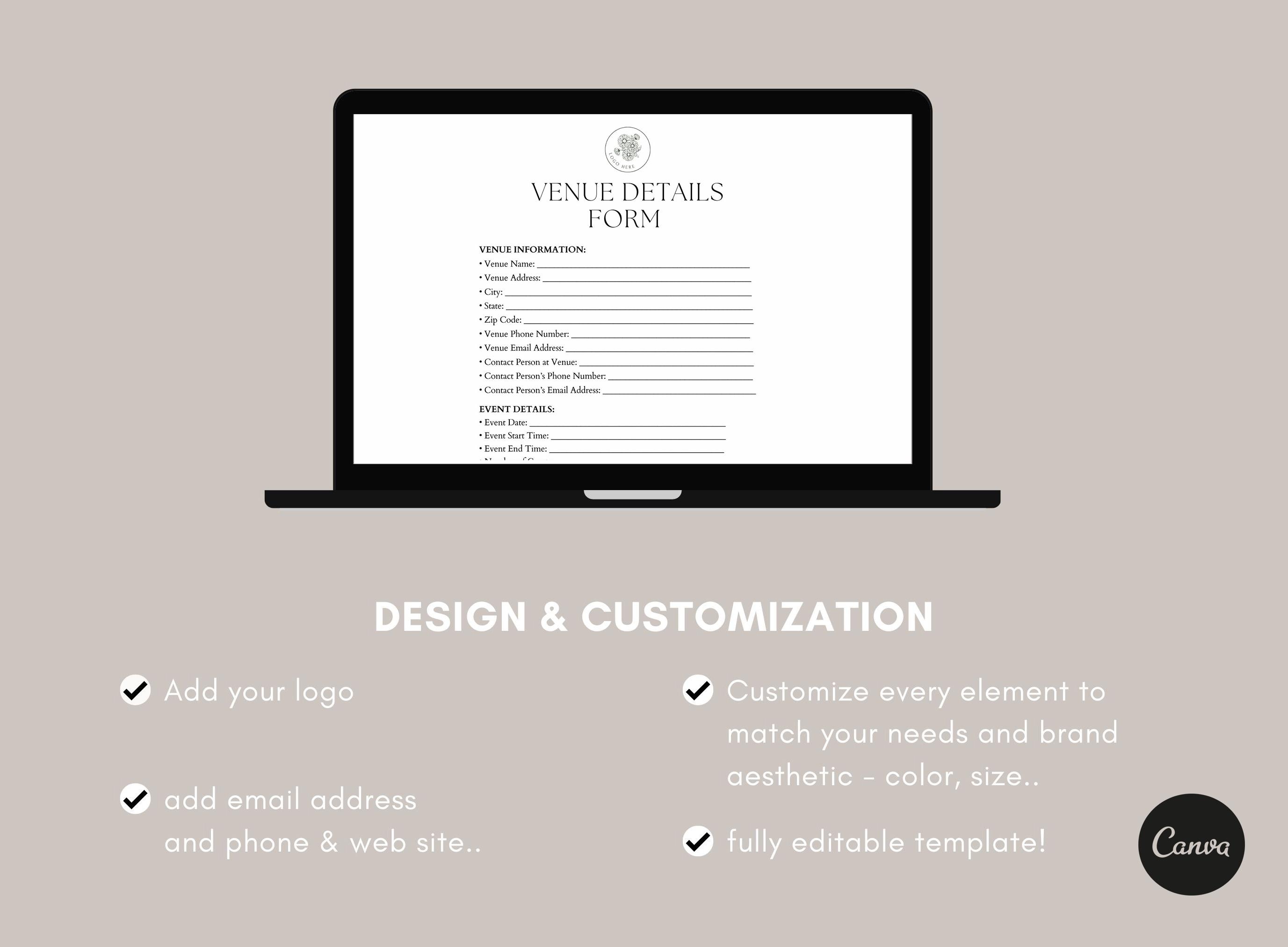 Venue Details Form Template, Venue Information Form, Pdf, Canva - Etsy