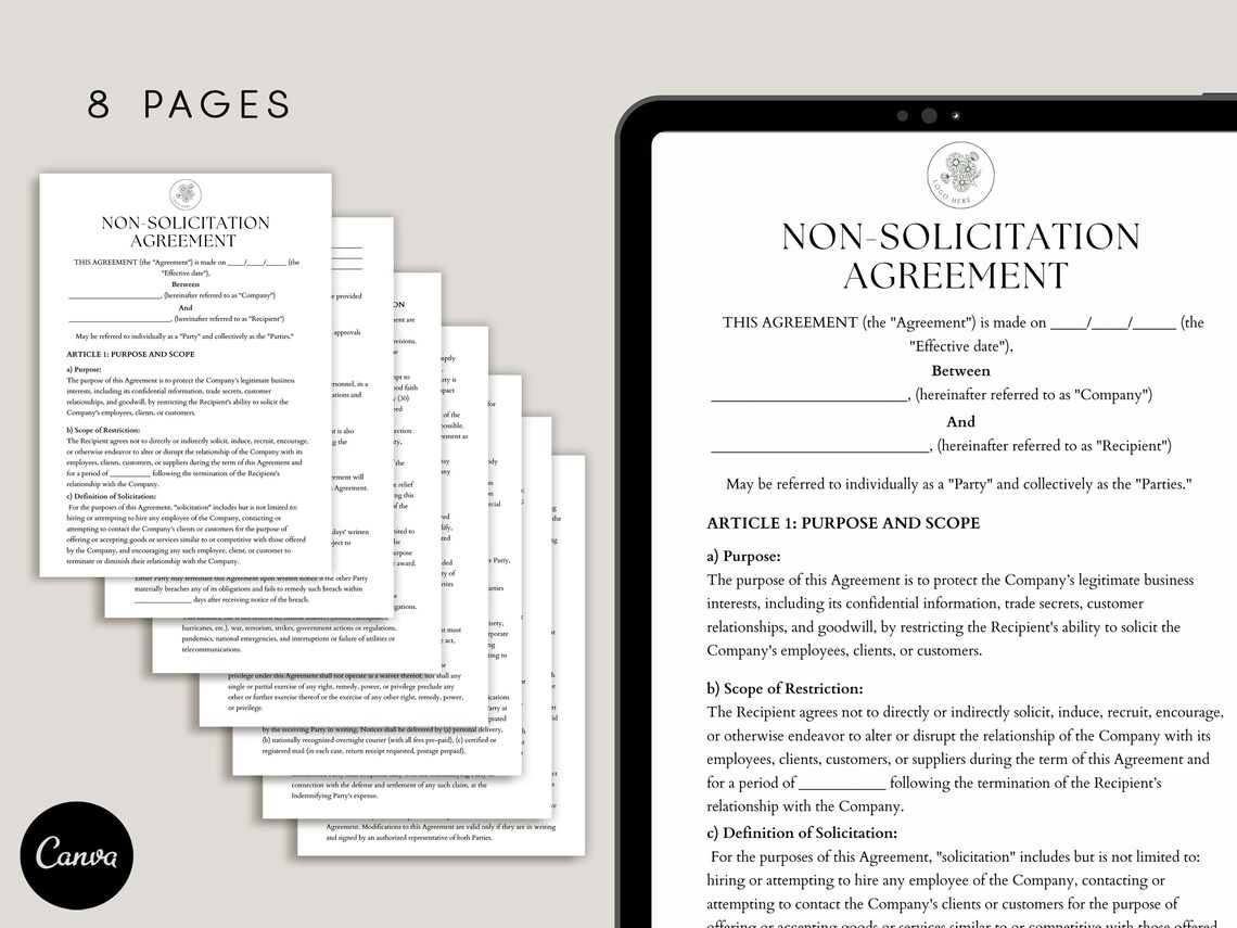 Non-solicitation Agreement Template, Pdf, Canva - Etsy