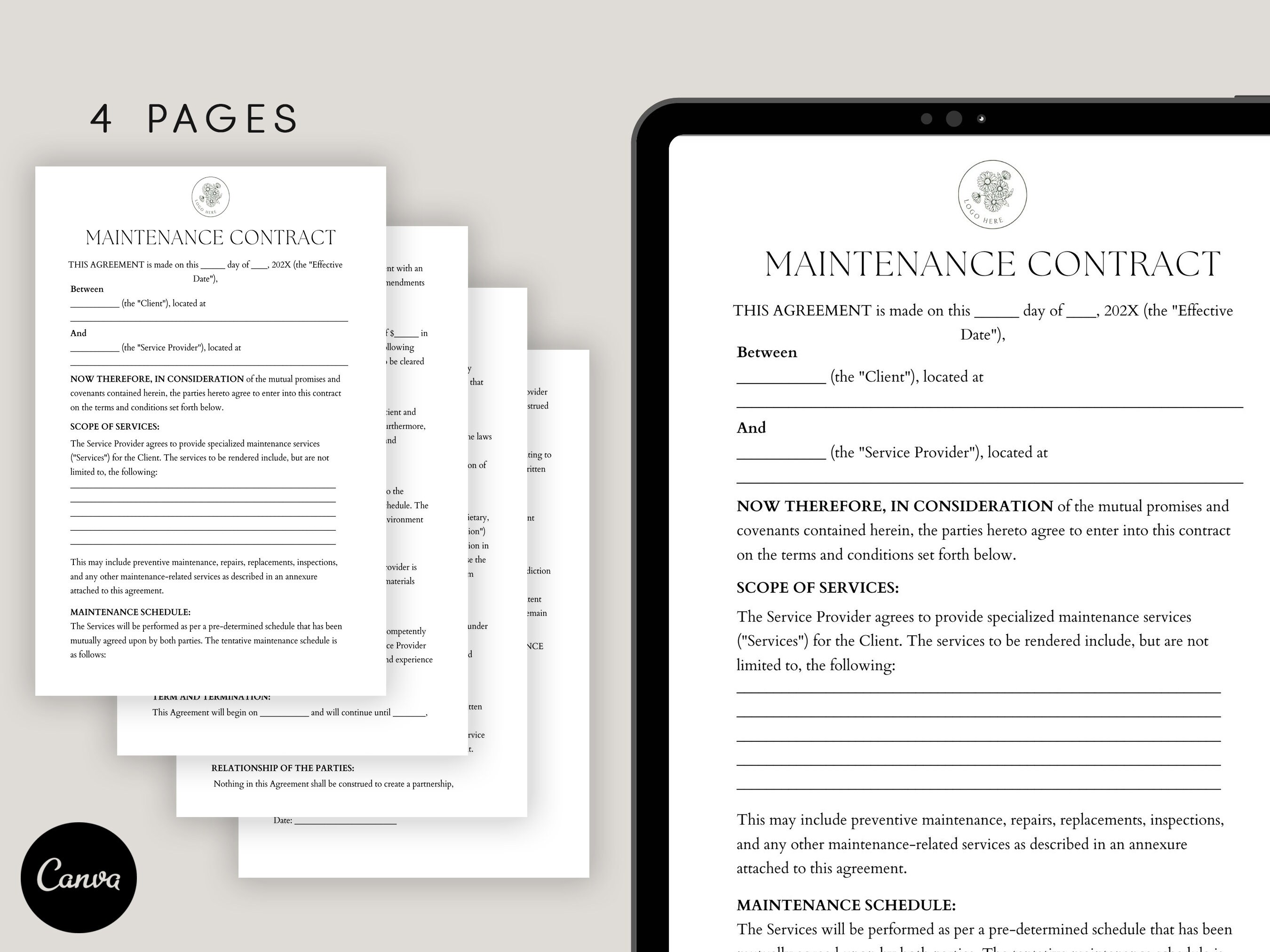 Maintenance Contract Template, Editable Maintenance Contract, Service ...