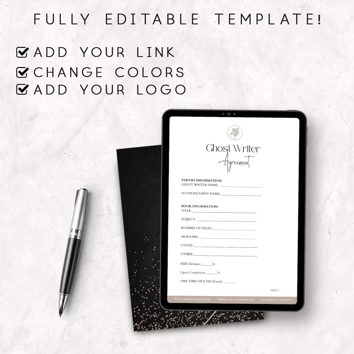 Ghost Writer Contract, Writer Contract Template, Editable Ghost Writer ...
