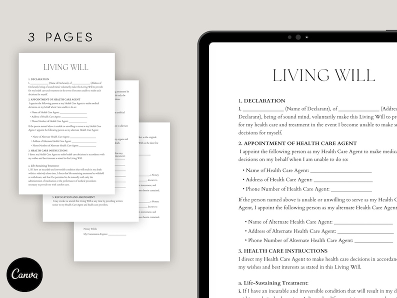 Editable Living Will Form, Living Will Template, Living Will ...
