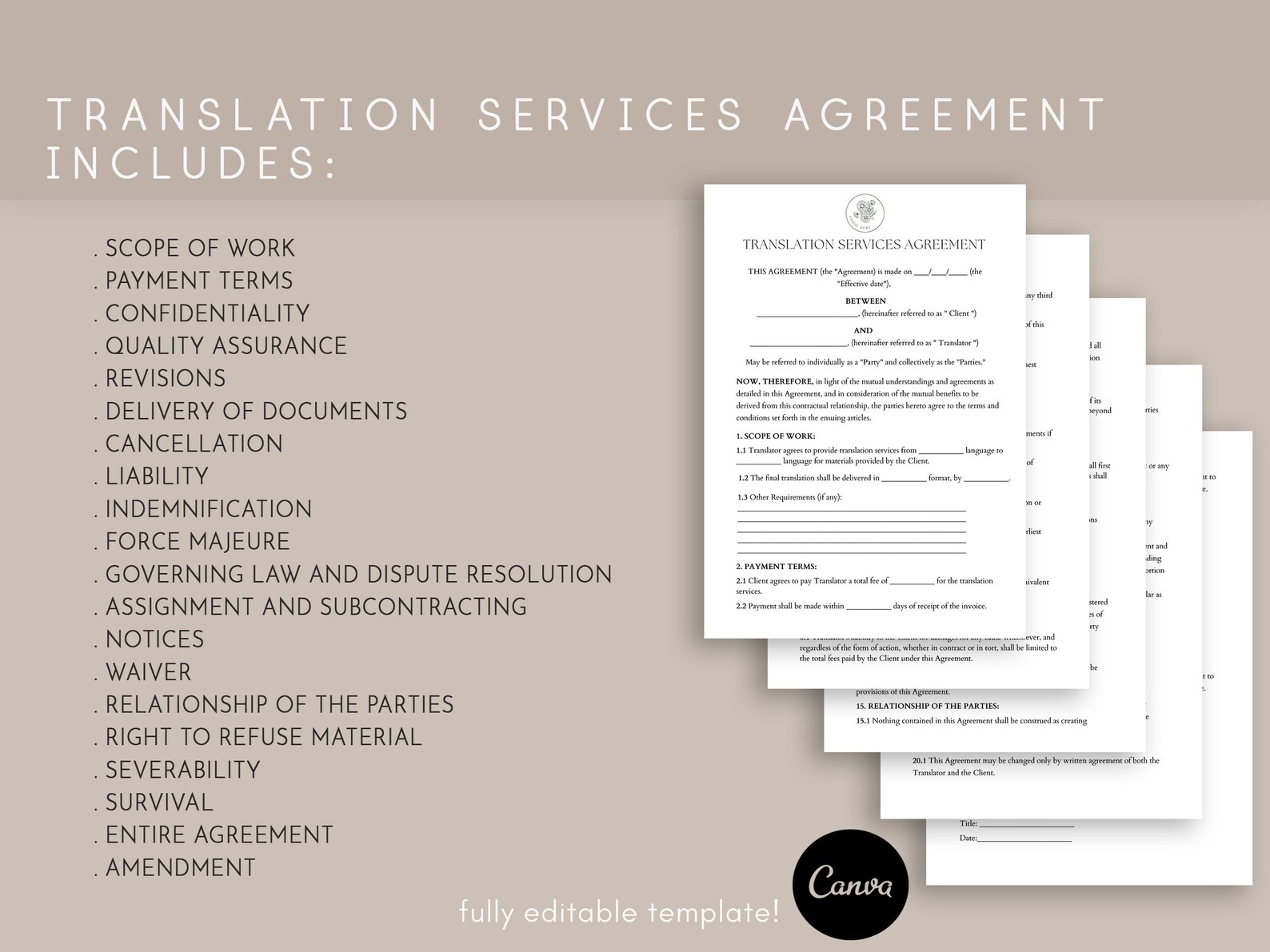 Editable Translation Services Agreement, Translator Contract ...