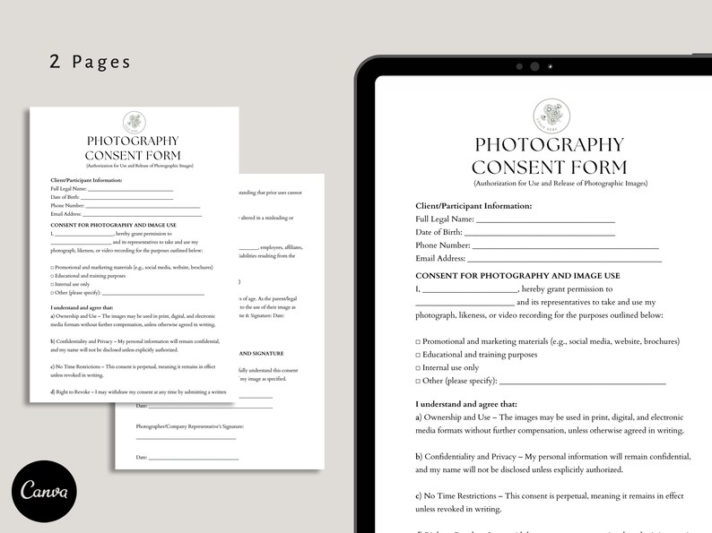 Editable Photography Consent Form Template (canva PDF) - Etsy