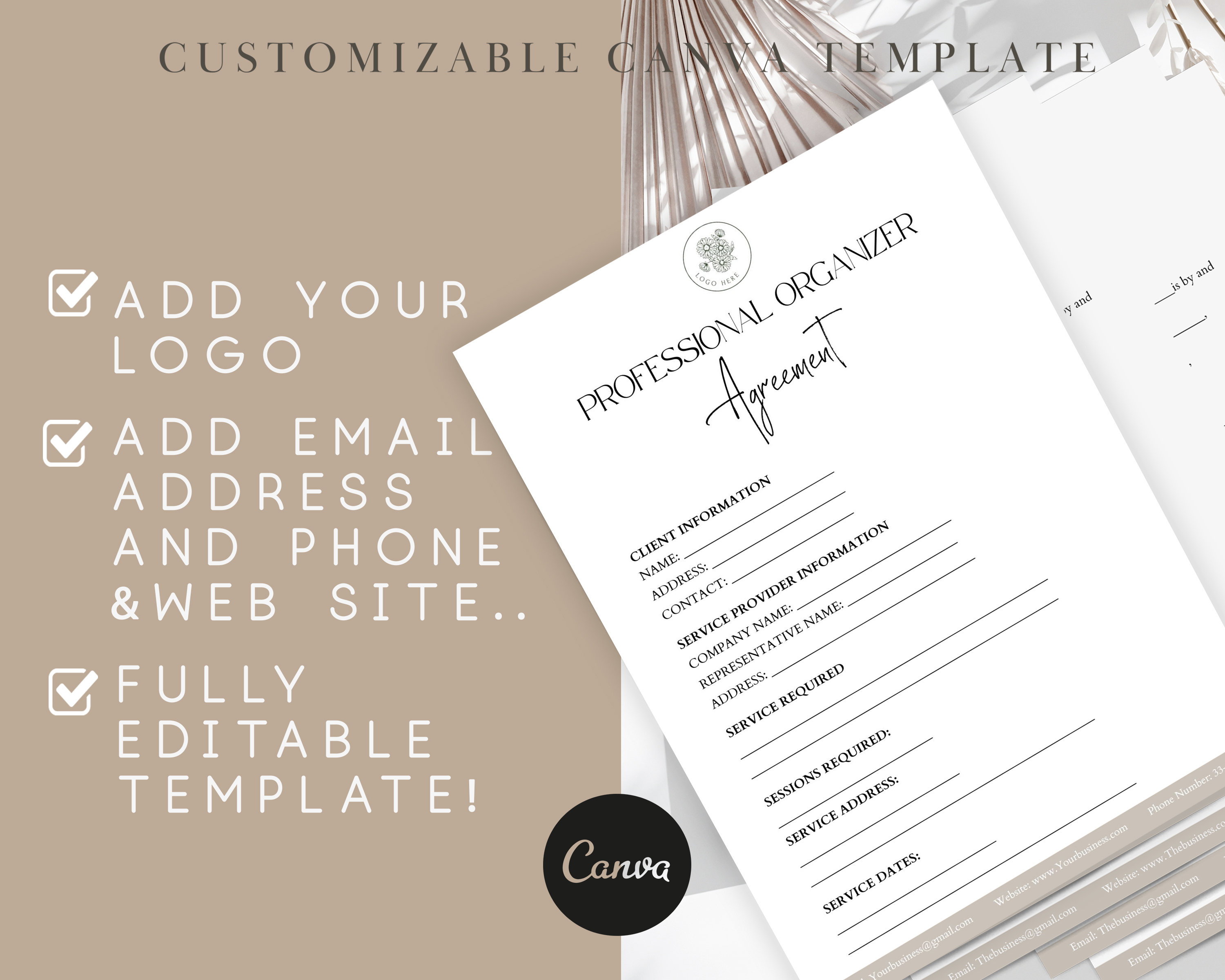 Editable Professional Organizer Agreement, Organizer Contract Template ...
