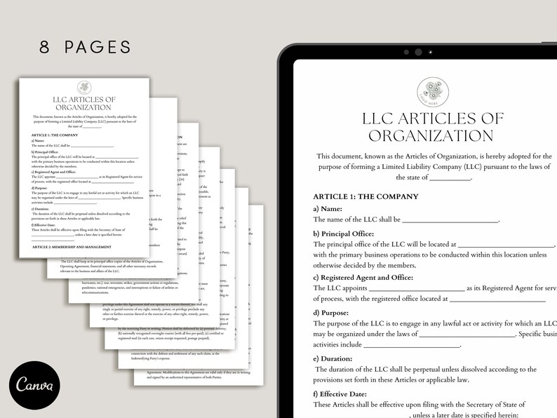 LLC Articles of Organization, LLC Formation Document, Pdf, Canva - Etsy