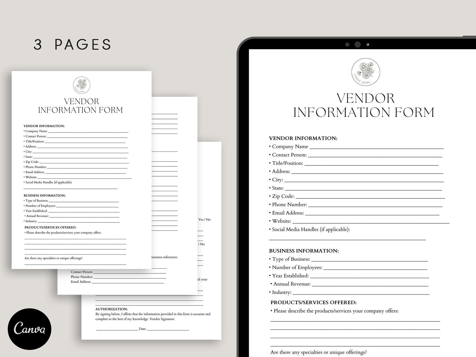 Vendor Information Form Template, Pdf, Canva - Etsy