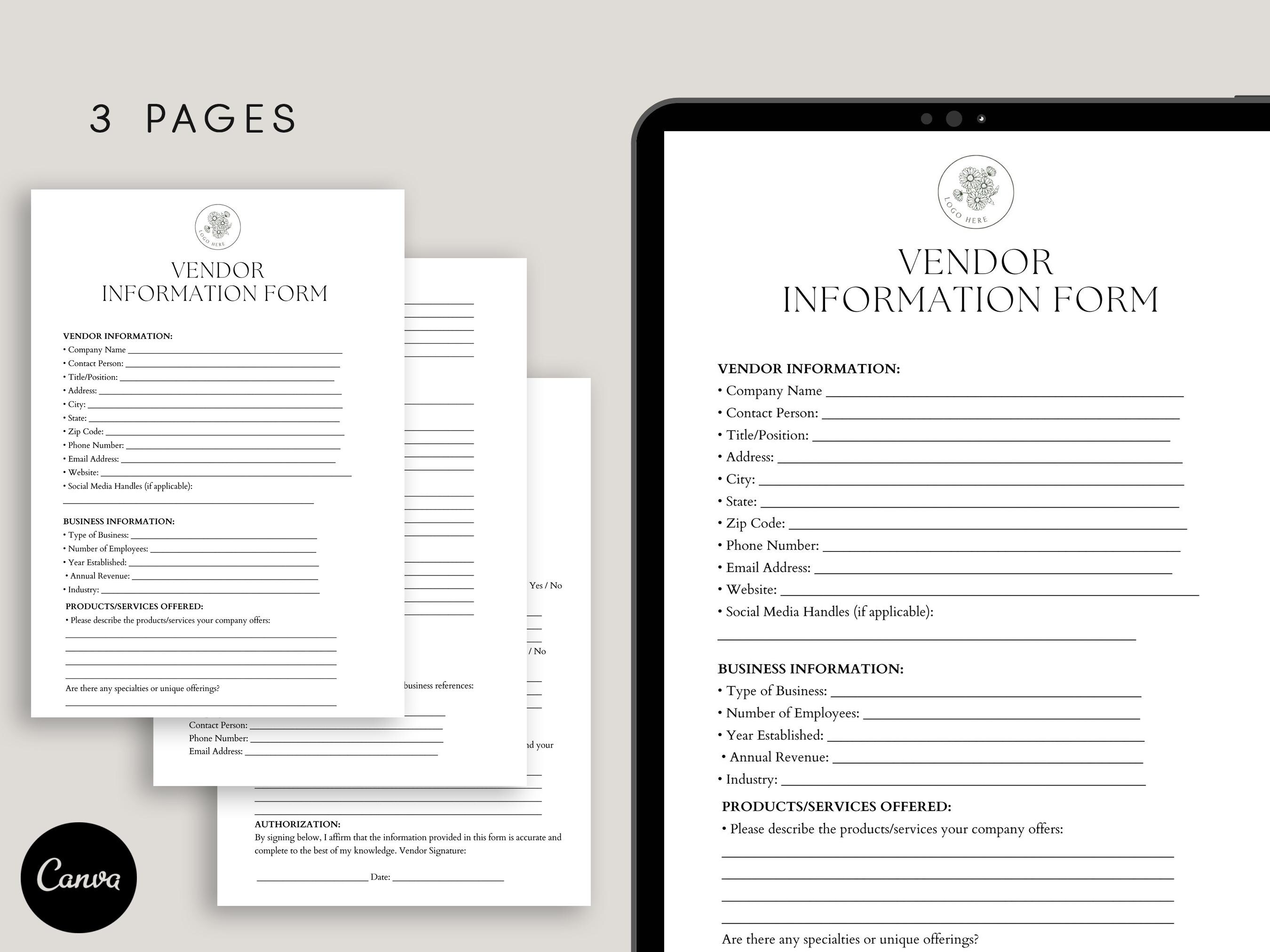 Vendor Information Form Template, Pdf, Canva - Etsy