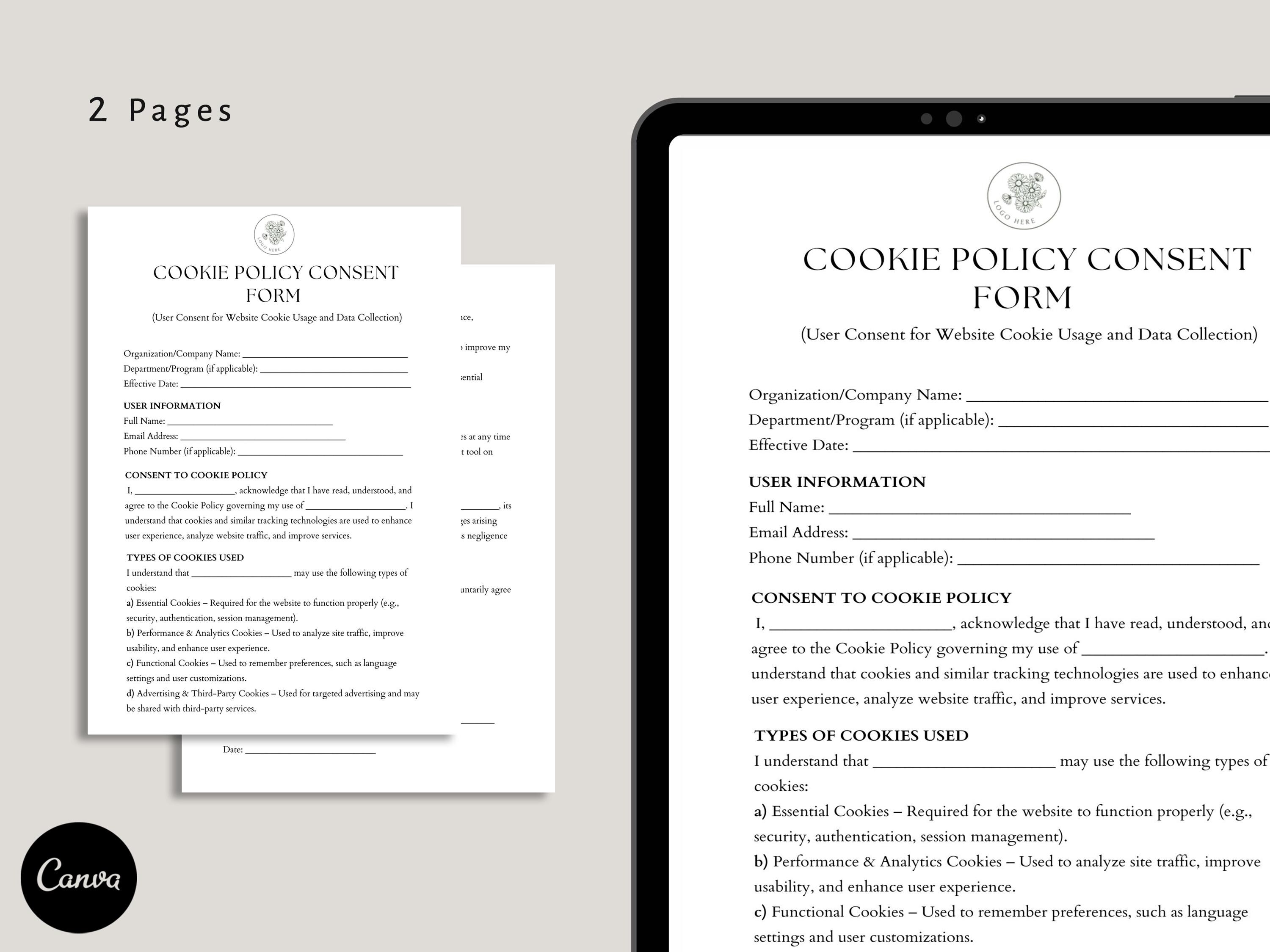 Cookie Policy Consent Form Template, Website Cookie Consent Form, PDF ...