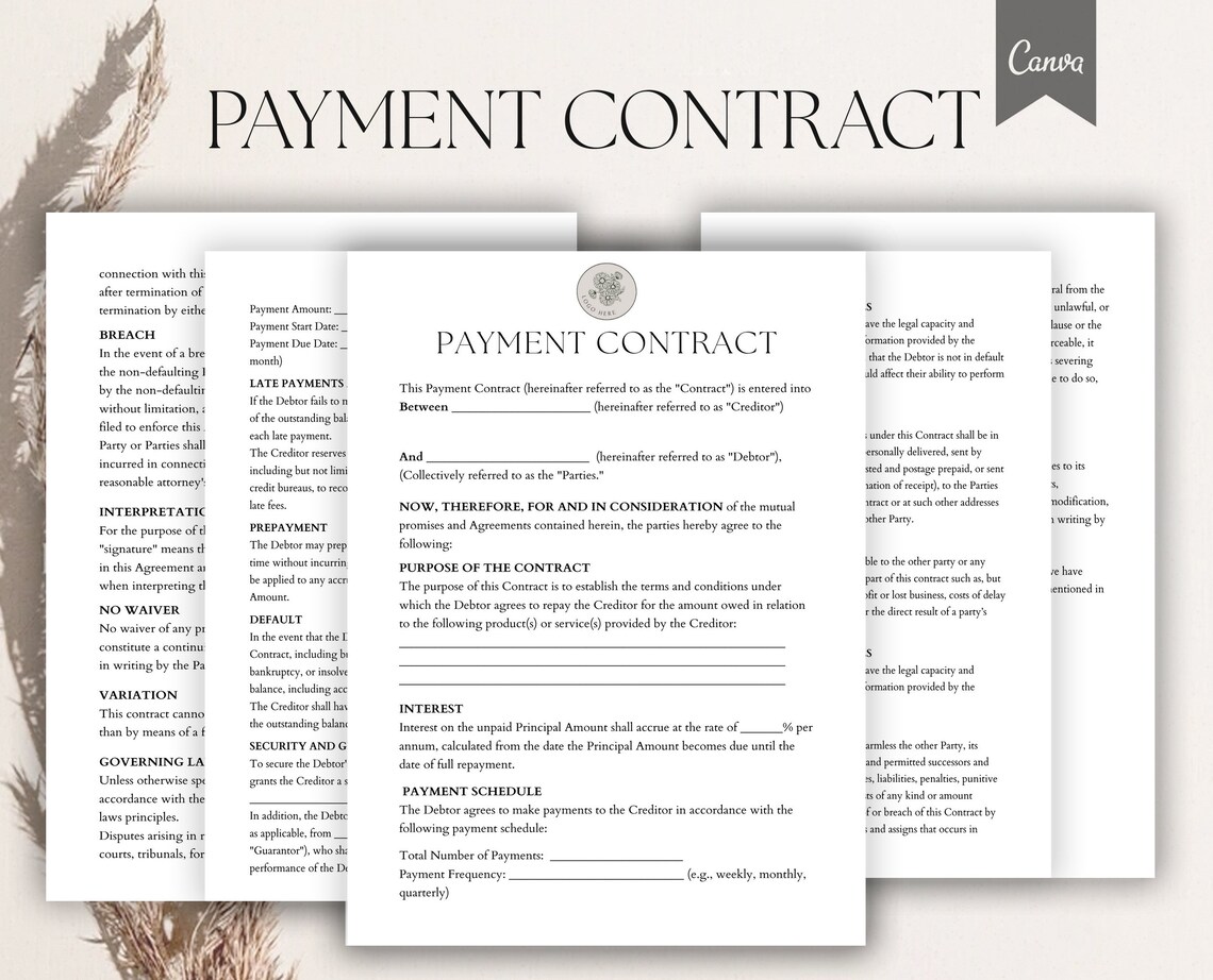 Editable Payment Contract Template, Payment Agreement Form, Debt ...