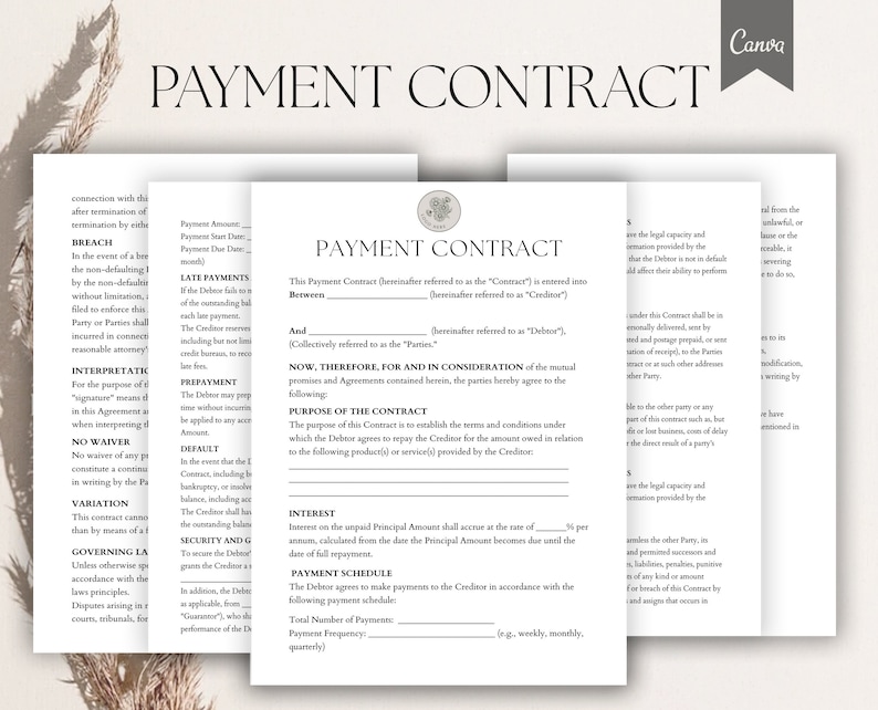 Editable Payment Contract Template, Payment Agreement Form, Debt ...