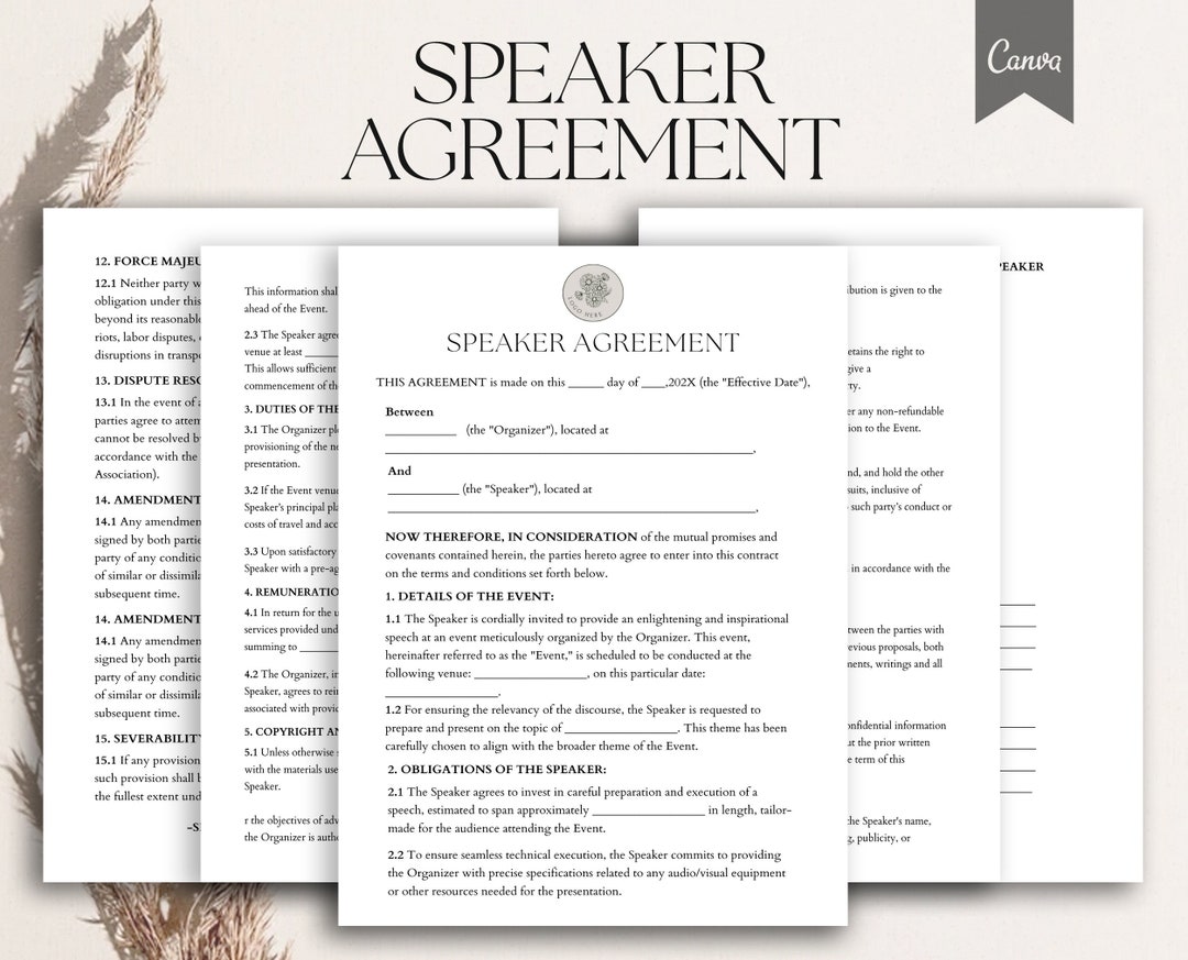 Speaker Agreement, Editable Public Speaker Forms, Motivational Speaker, Party Organizer, Event ...