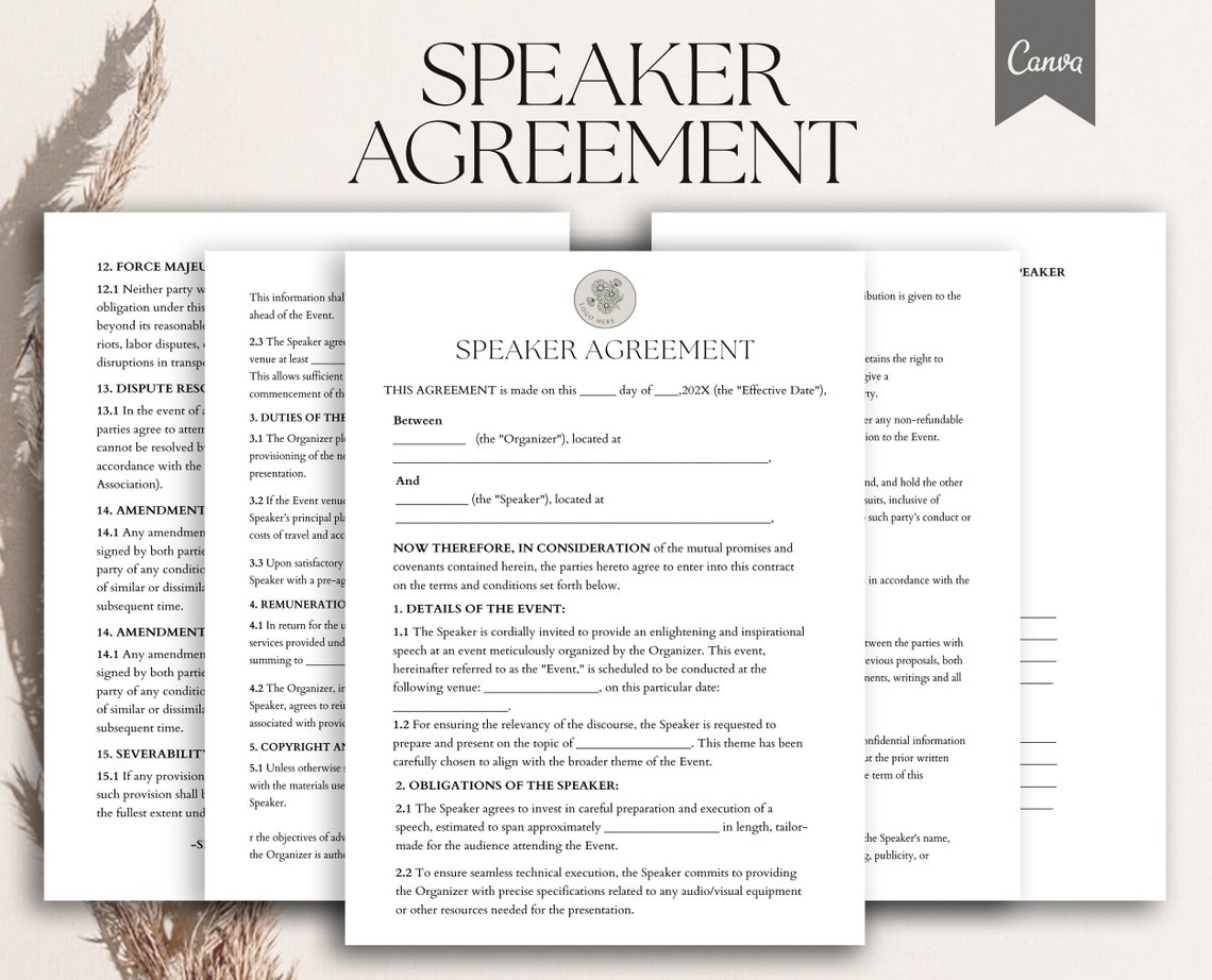 Speaker Agreement, Editable Public Speaker Forms, Motivational Speaker ...