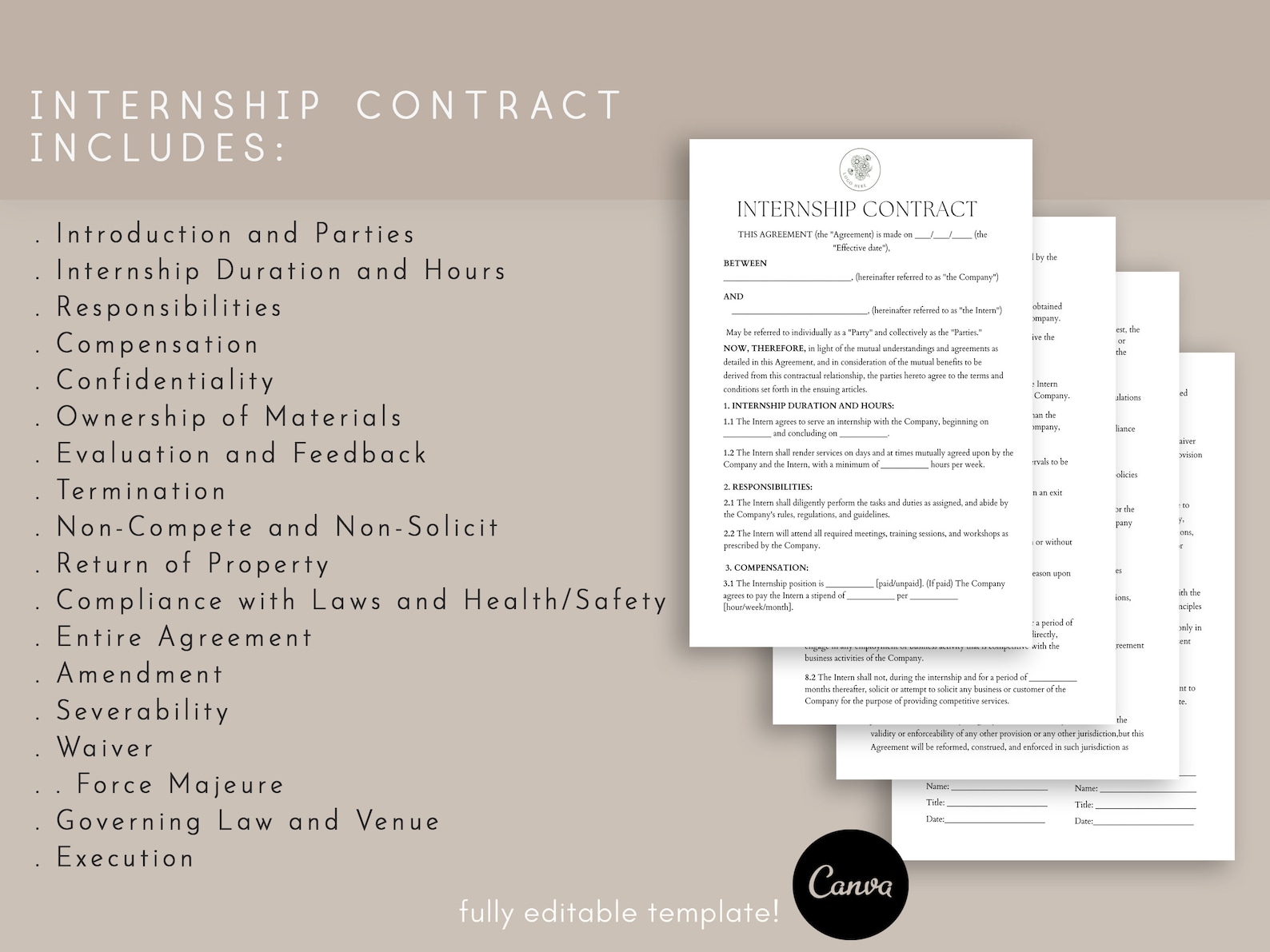 Internship Contract Template ,internship Contract Forms, Editable ...