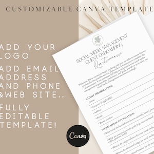 Social Media Management Client Onboarding Questionnaire Form, Editable ...