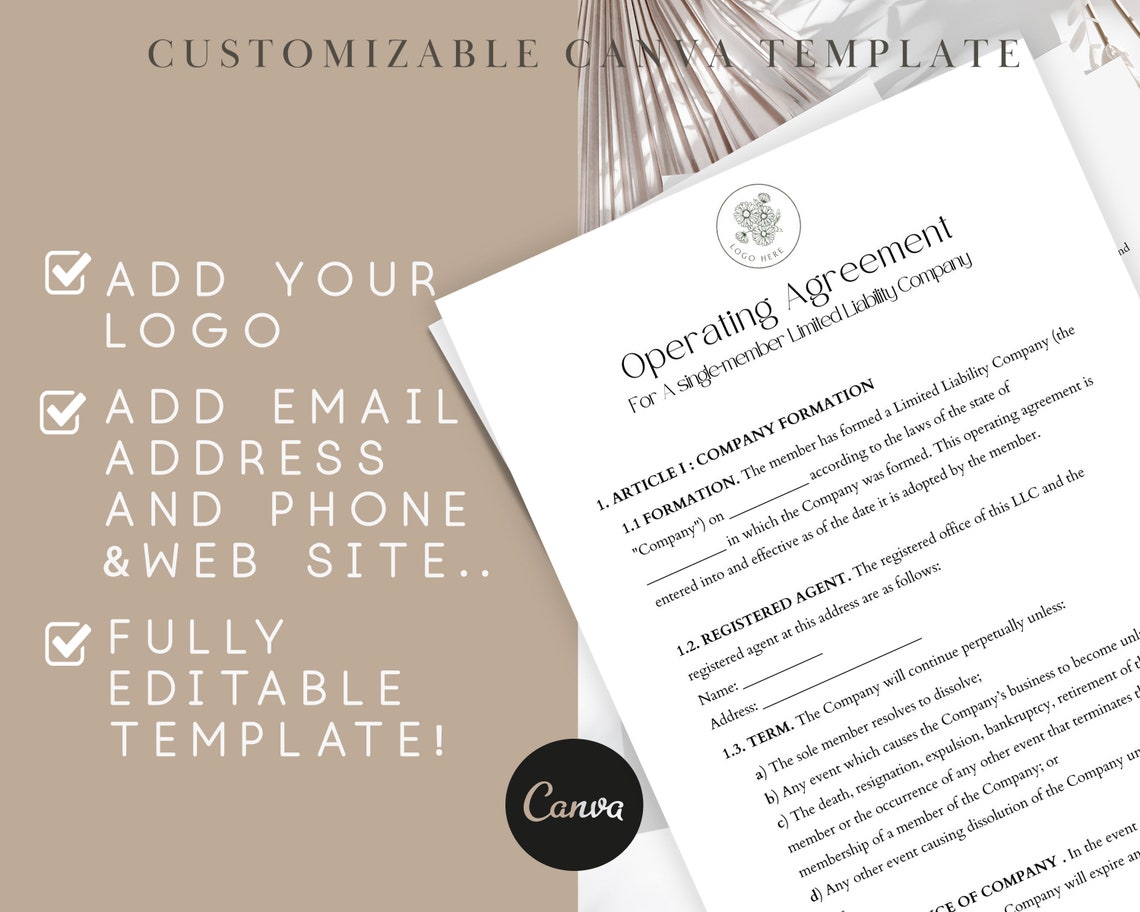 Editable LLC Operating Agreement Form, Single Member LLC Operating ...