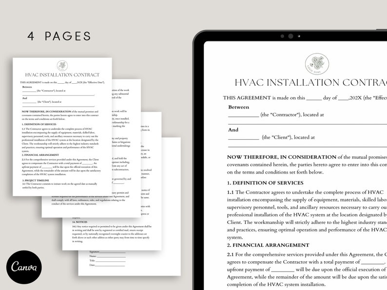 Editable HVAC Installation Contract, HVAC Service Agreement, HVAC ...