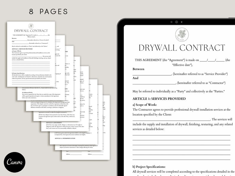 Drywall Contract Template, Drywall Service Contract,drywall Agreement ...