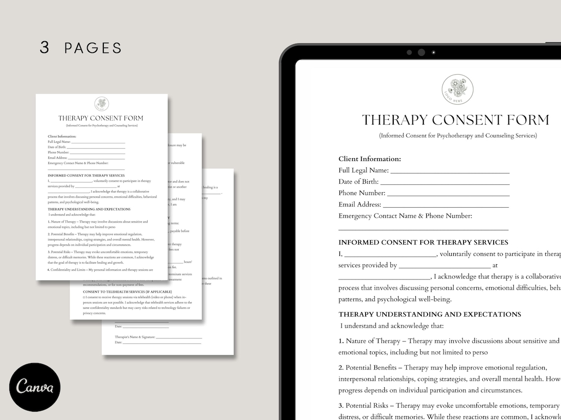 Therapy Consent Form Template, Psychotherapy Consent Form, PDF, Canva ...