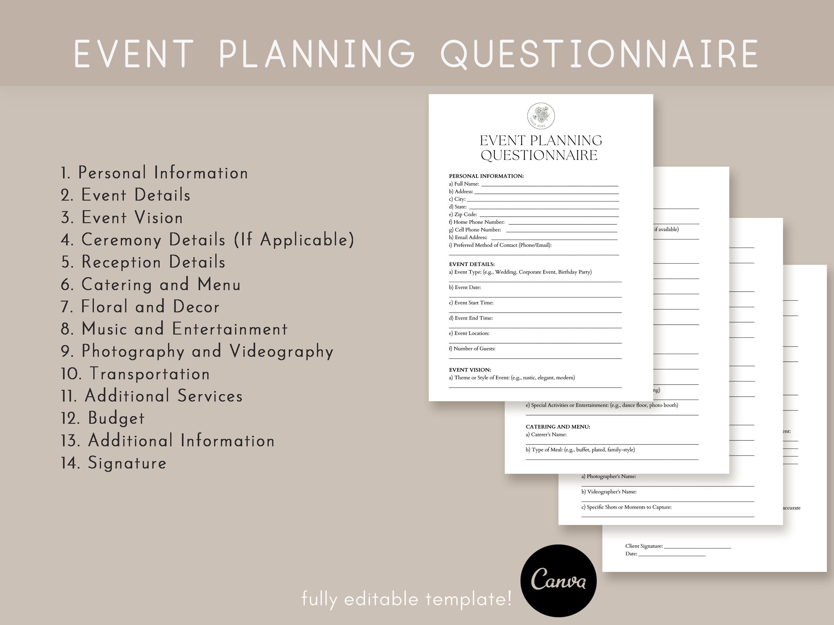Event Planning Questionnaire Form Template, Event Planning Intake Form, Pdf, Canva - Etsy