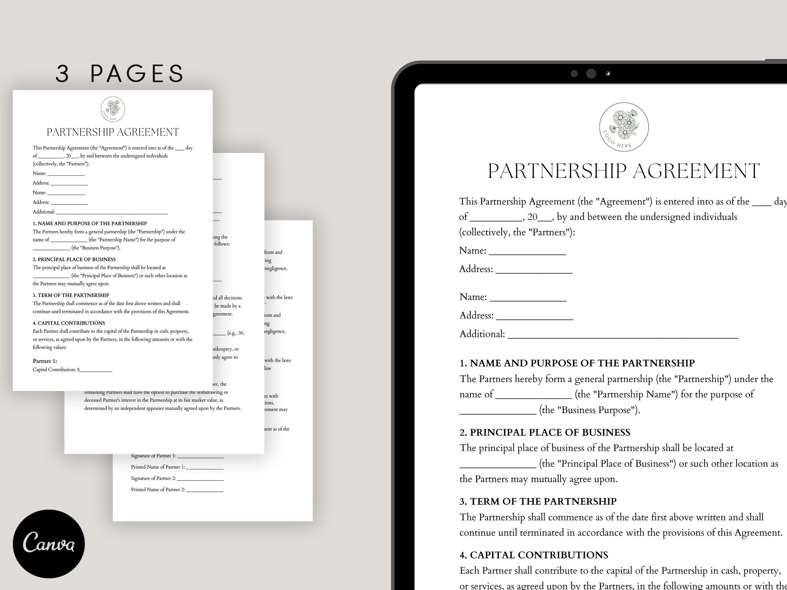 Editable Partnership Agreement Template, Partnership Agreement Form ...