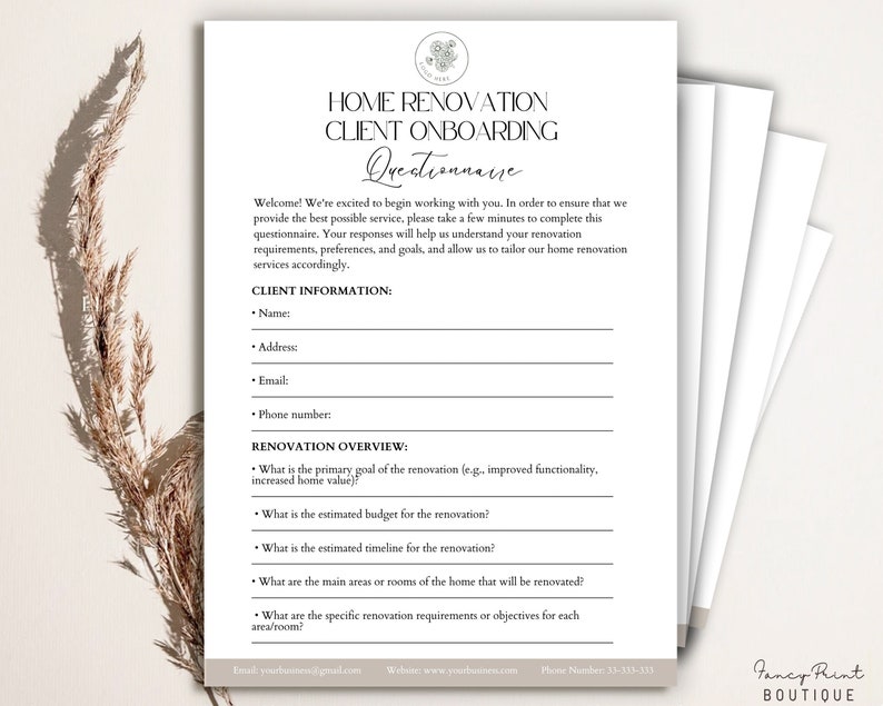 Editable Home Renovation Client Onboarding Questionnaire Form, Home ...